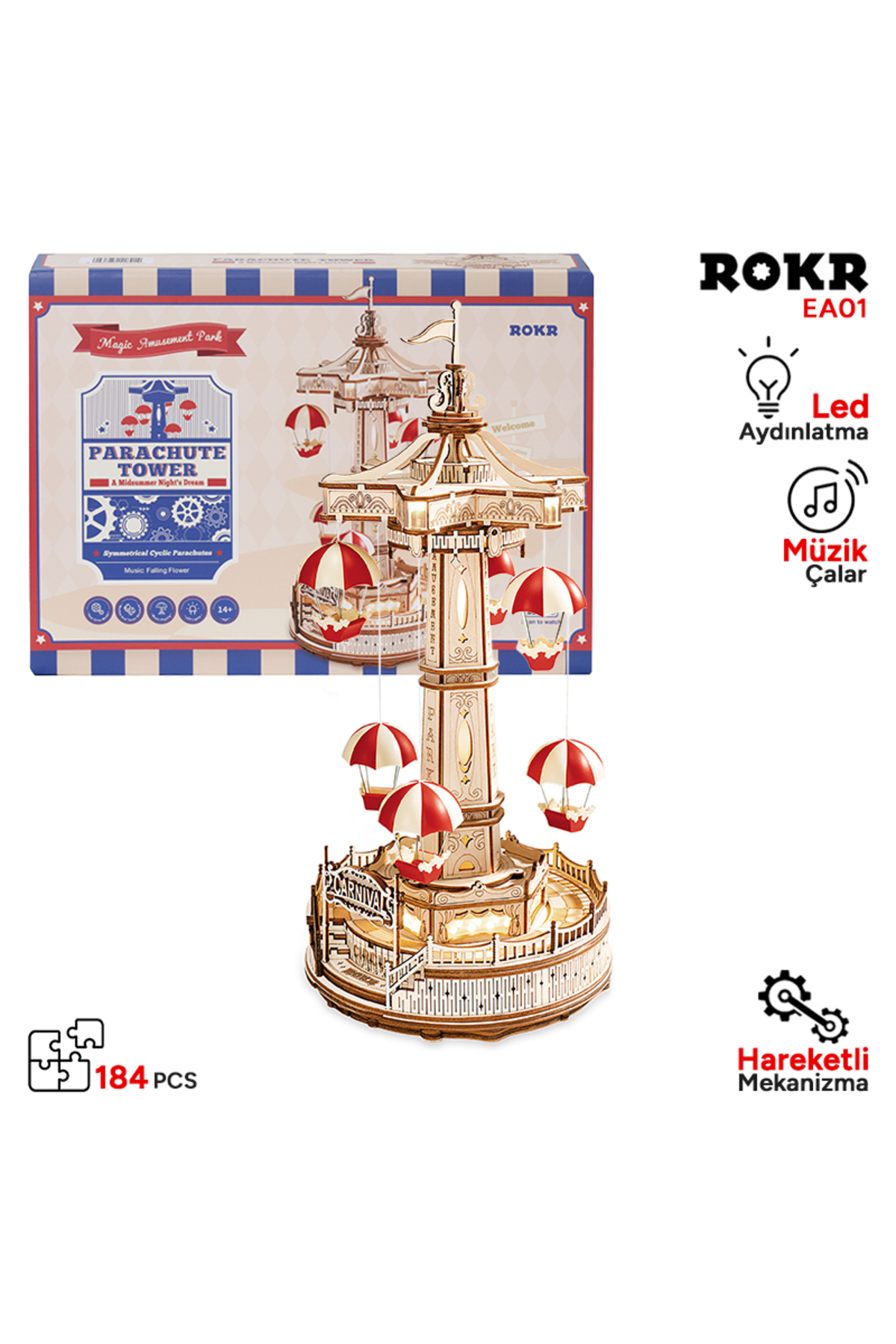 ROKR EA01 Müzik Kutusu Parachute Tower Music Box DIY 3D Wooden Puzzle ...