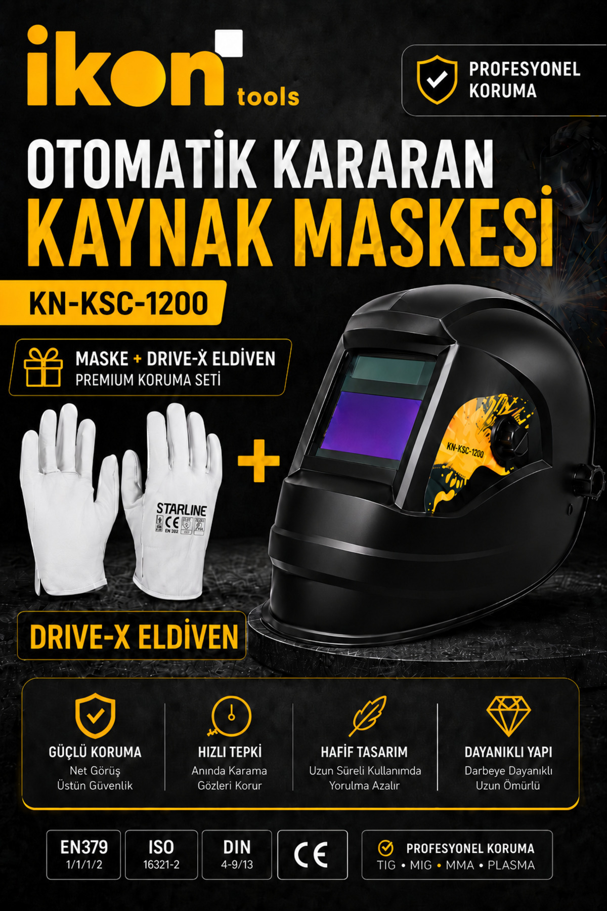 İkon Tools Otomatik Kararan Kaynak Maskesi KN-KSC-1200 Drive-X Eldiven ...