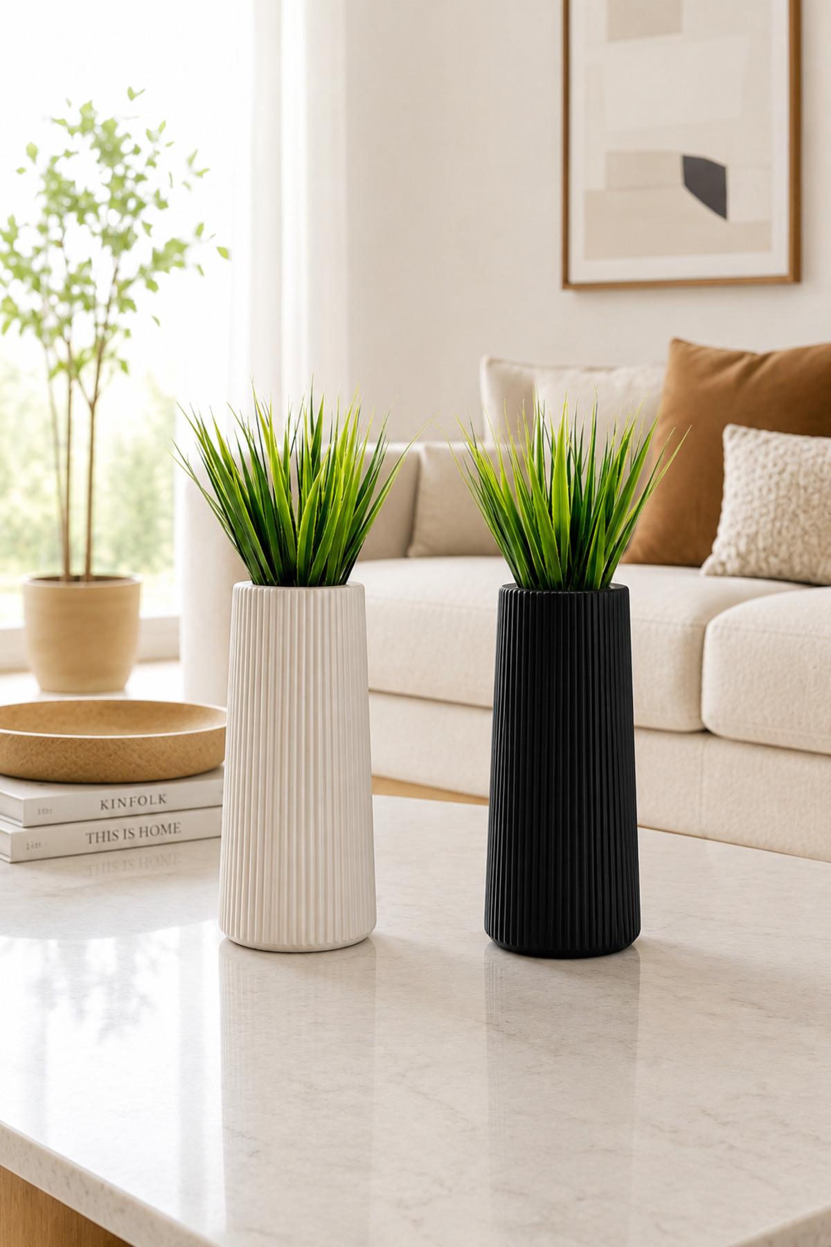 Padilon 2'Li SET Modern Dekoratif Saksı Vazo Siyah Krem Çizgili Plastik ...