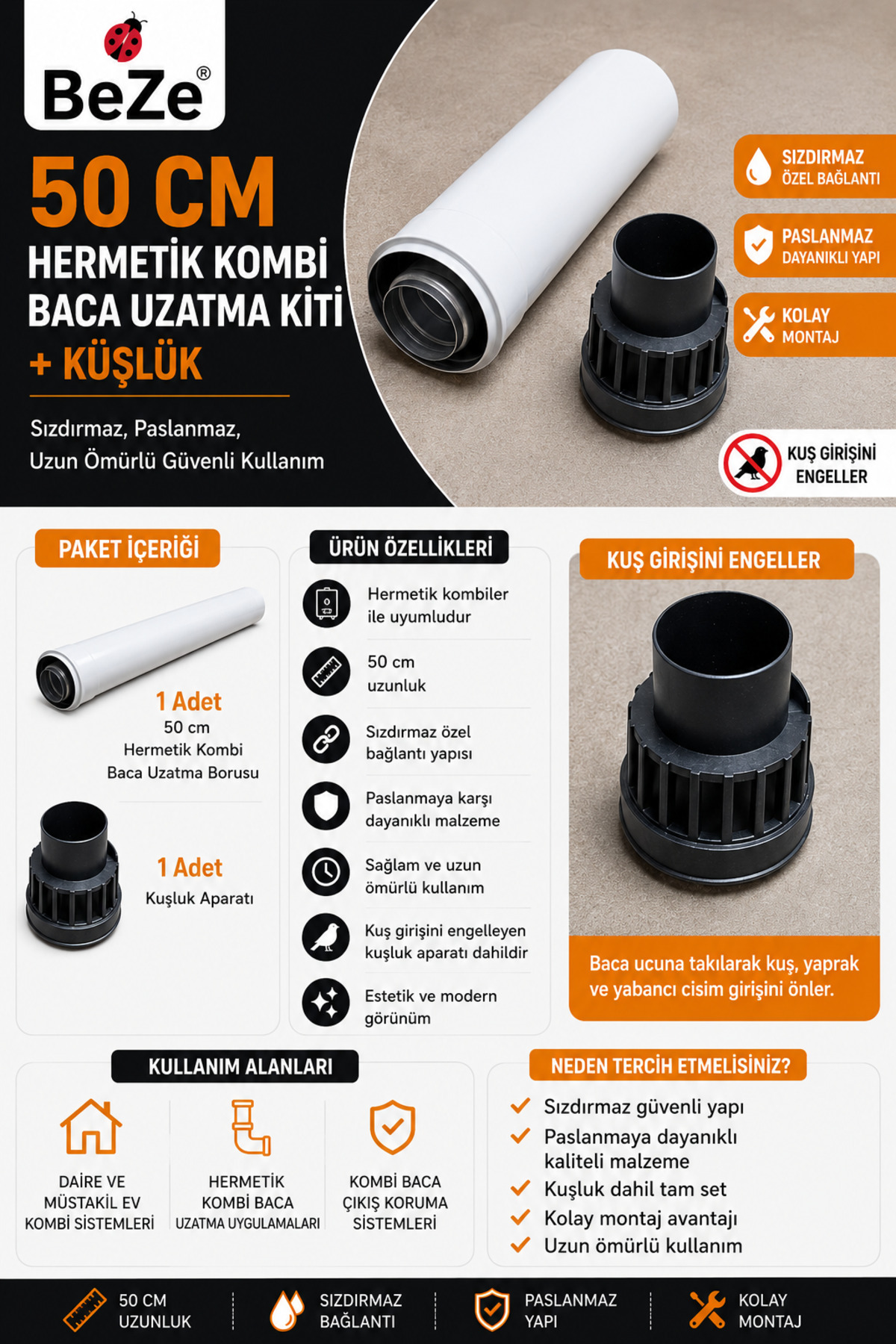 BEZE 100 CM ve 50 CM Yoğuşmalı / Hermetik Kombi Baca Uzatma Kitleri ...