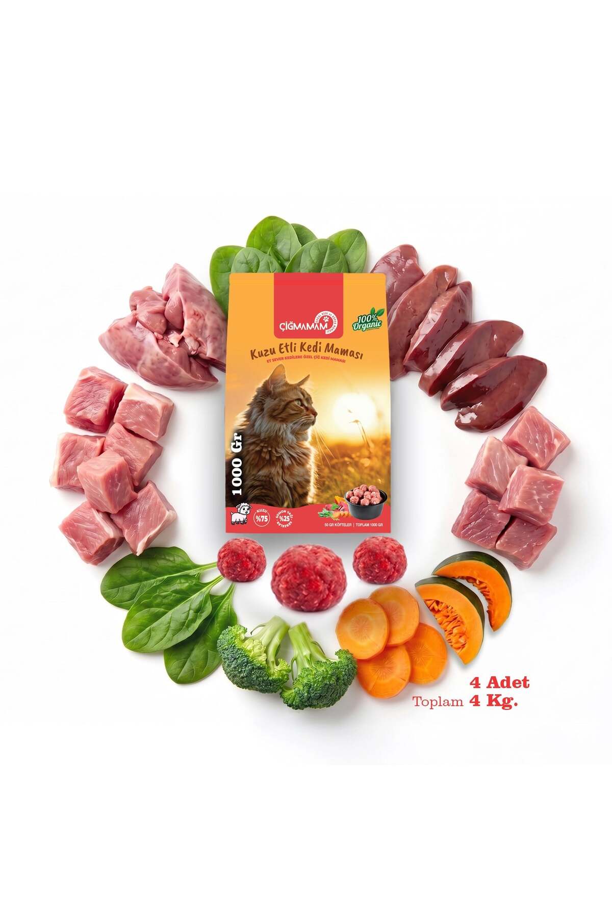 Çiğmamam Barf Kuzu Etli Tahılsız Barf Kedi Maması 4 Kg - 1000 g x 4 ...