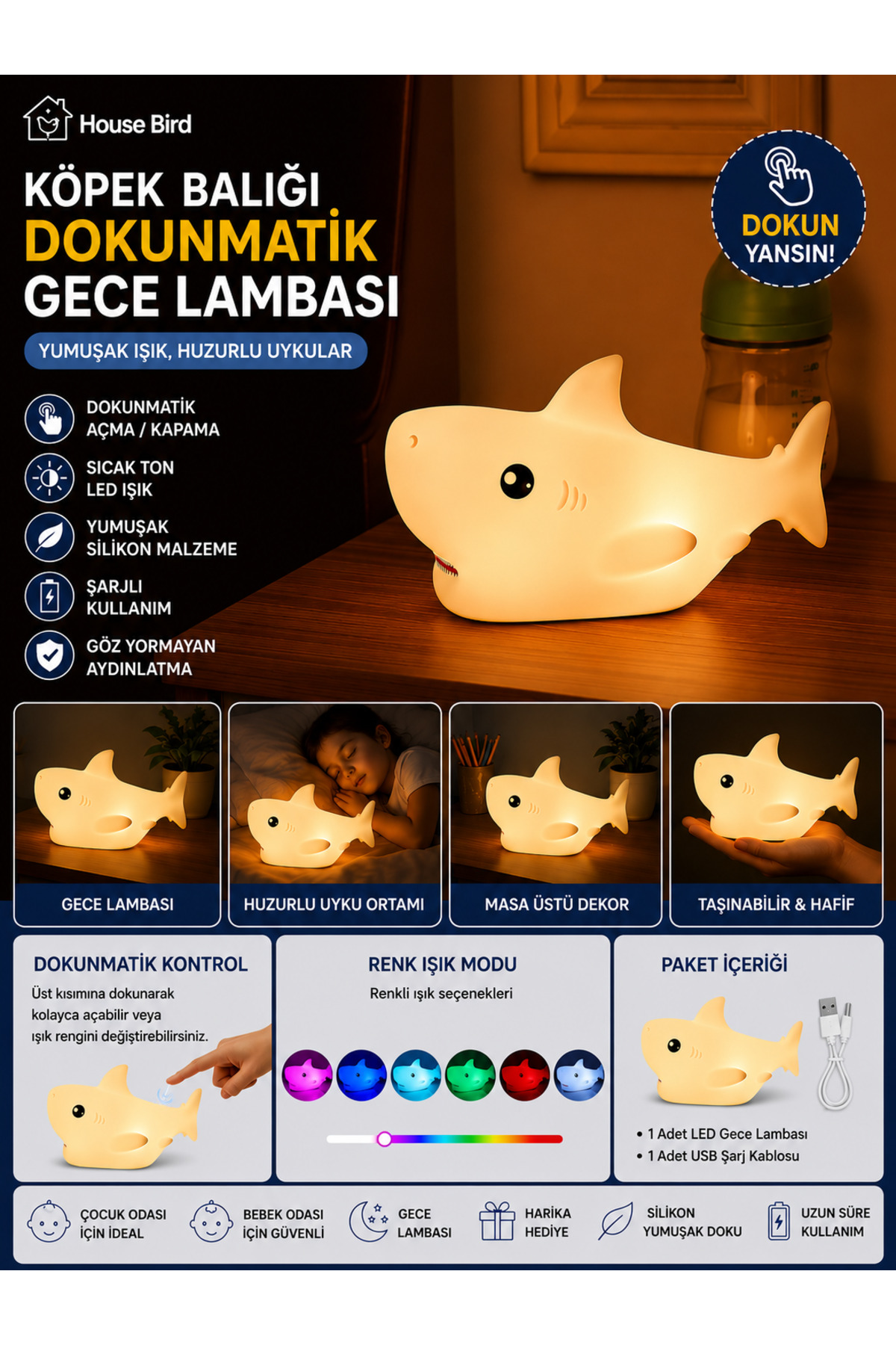 House Bird Köpek Balığı Dokunmatik Silikon LED Gece Lambası Şarjlı Masa ...
