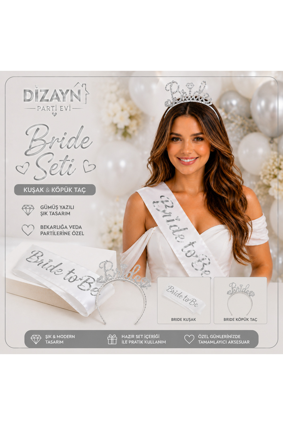 Dizayn Parti Evi Bride To Be Kuşak ve Köpük Taç Seti Gümüş Yazılı ...