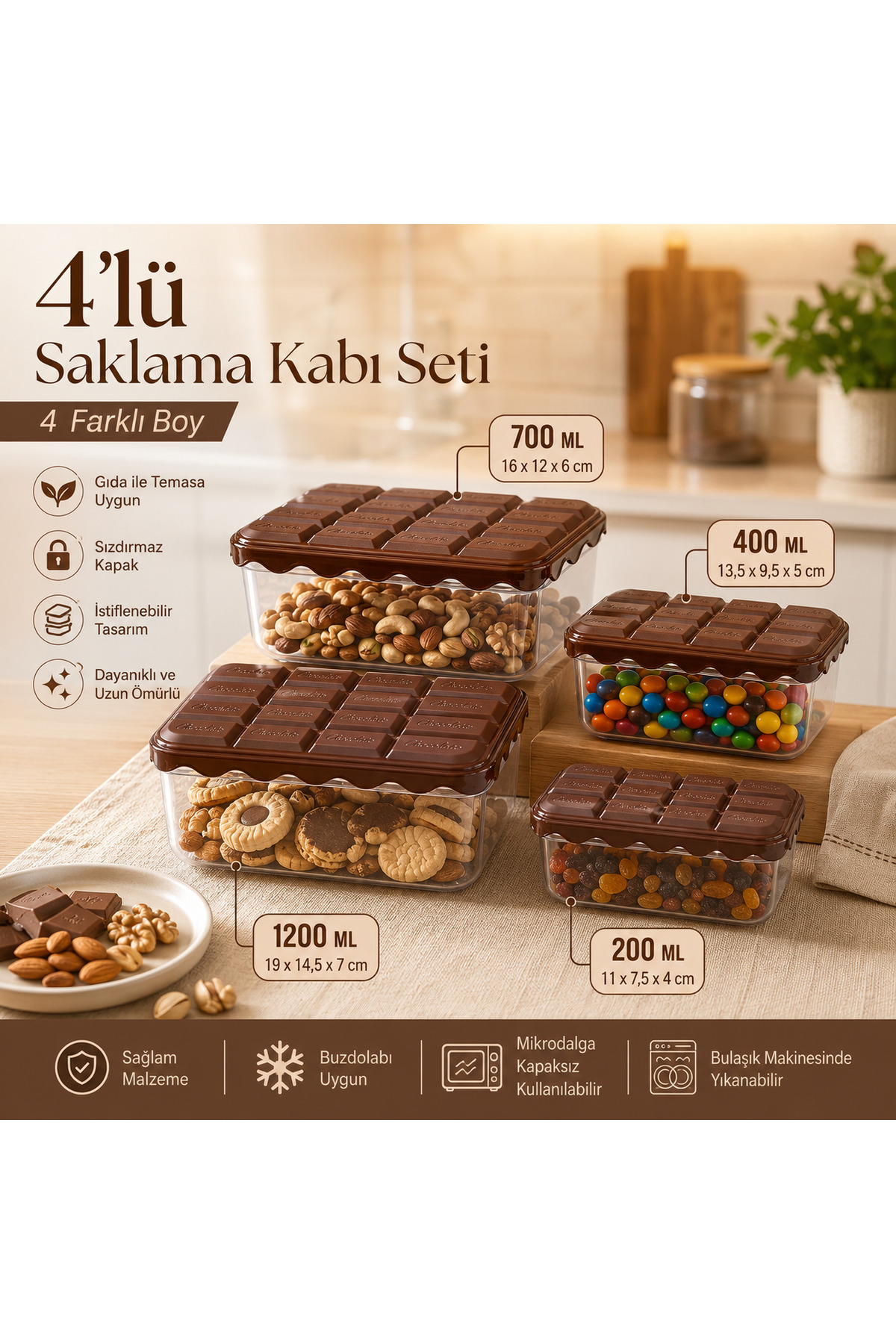 AKBA HOME 4’lü Saklama Kabı Seti Çikolata Kapaklı Şeffaf Plastik Erzak ...
