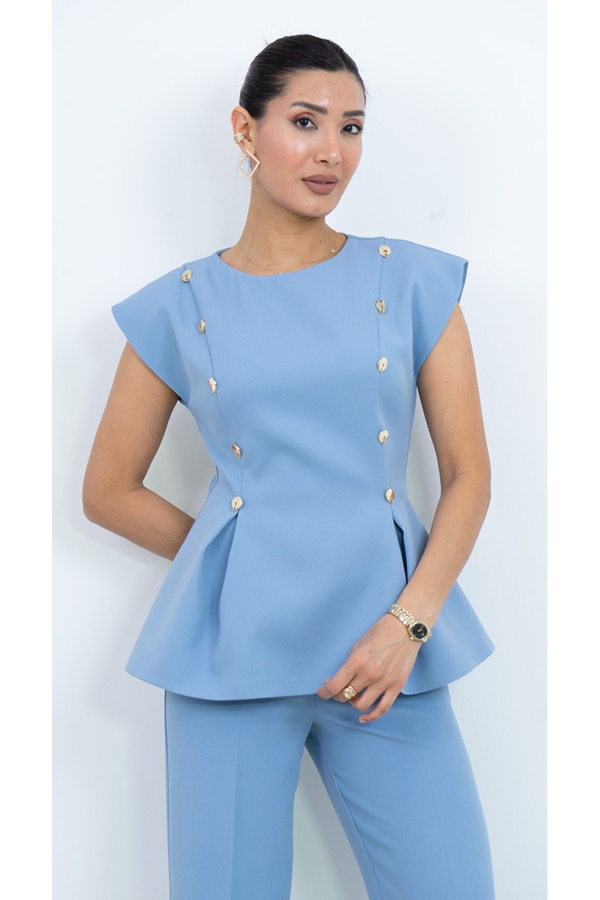 Dorne Moda Özel Koleksiyon Kruvaze Gold Düğmeli Peplum Bluz Ve Pantolon ...