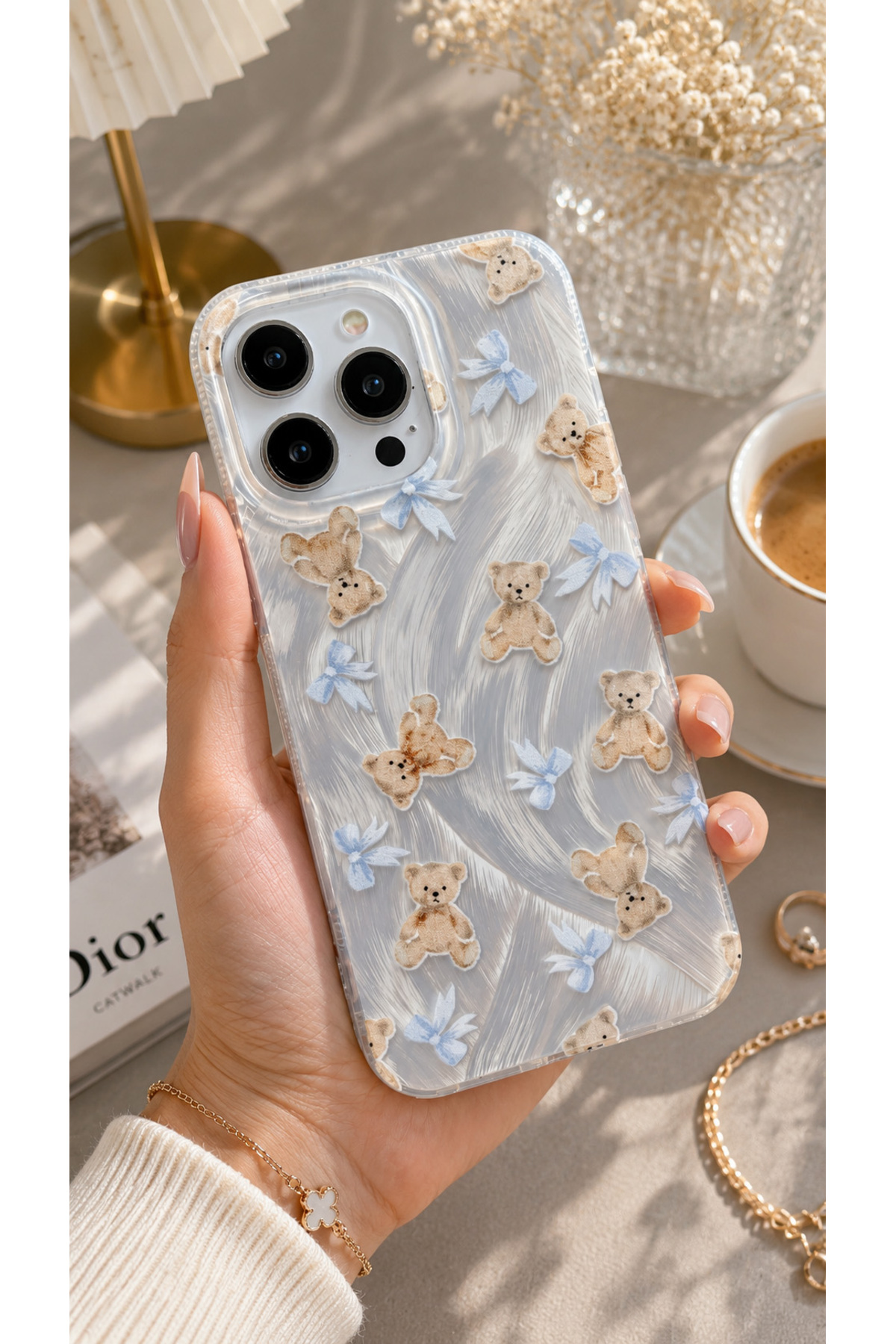 EDELFU iPhone 16 PRO uyumlu - Aurora Parlak Tüy Desenli Gümüş Koruyucu ...