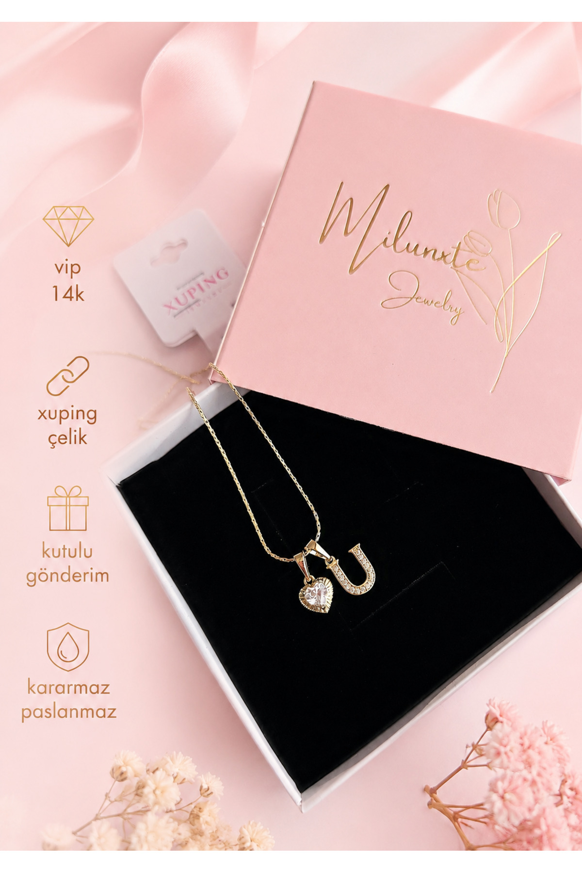MİLUNXTE Xuping Kolye VIP Çelik Kolye 14K Altın Kaplama Kararmaz Zirkon ...