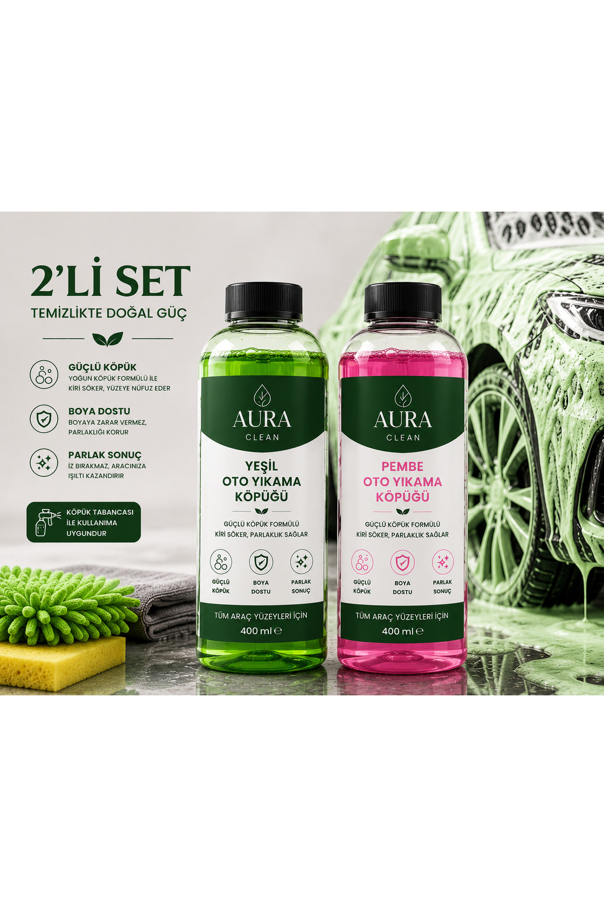 AURA CLEAN Pembe Oto Köpüğü Şampuan 2'li Set 800 ml - Güçlü Köpük ve ...