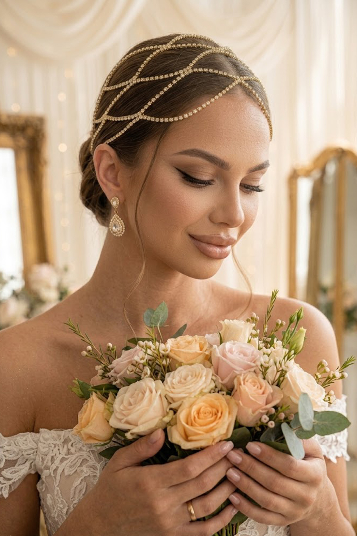 PERLMUTT Gold Zirkon Taşlı Gelin Tacı Kristal Saç Zinciri Bridal ...