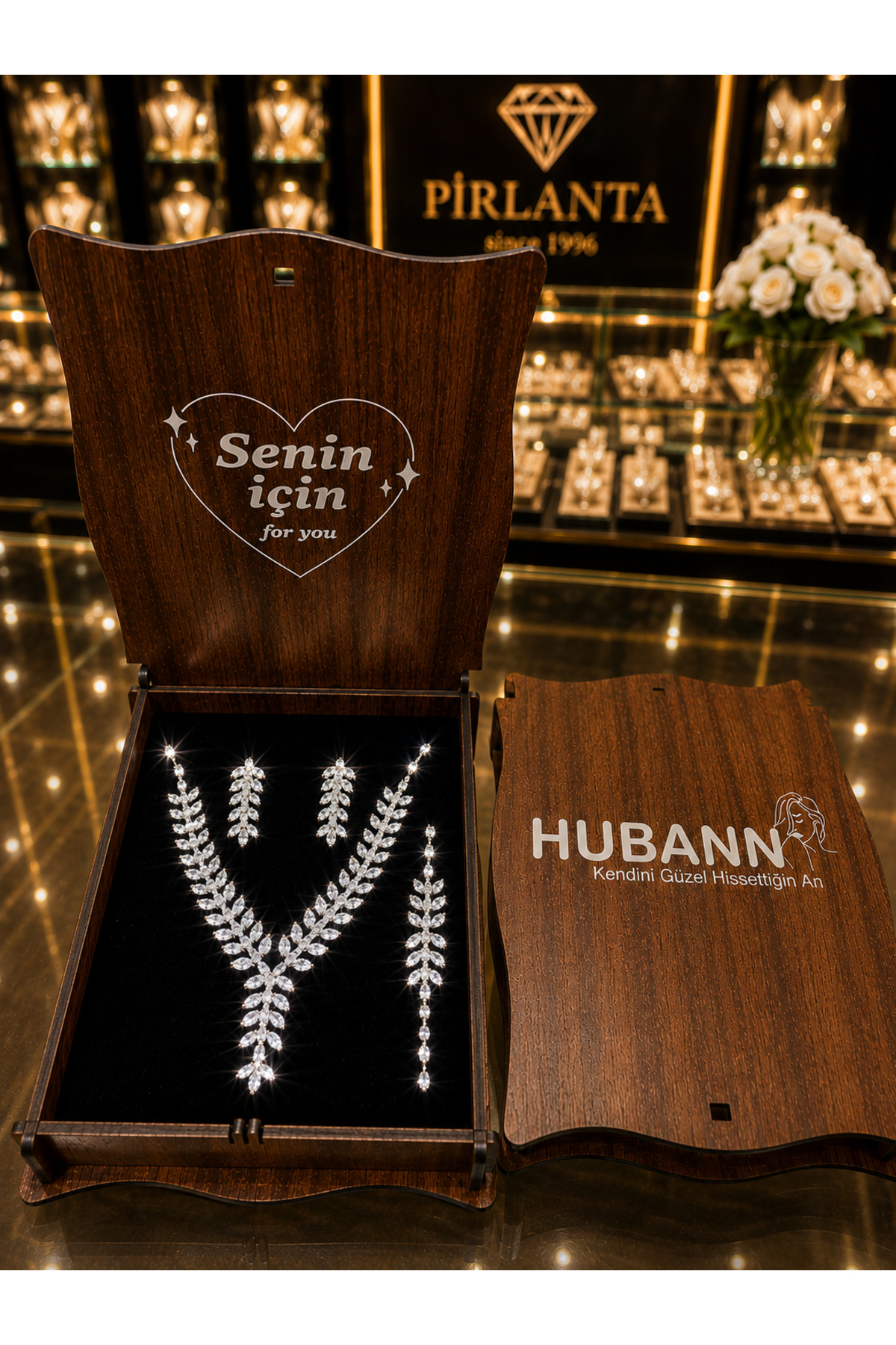 HUBANN Bianca Markiz Kesim Zirkon Taşlı Yaprak Desen 3'lü Abiye Takı ...