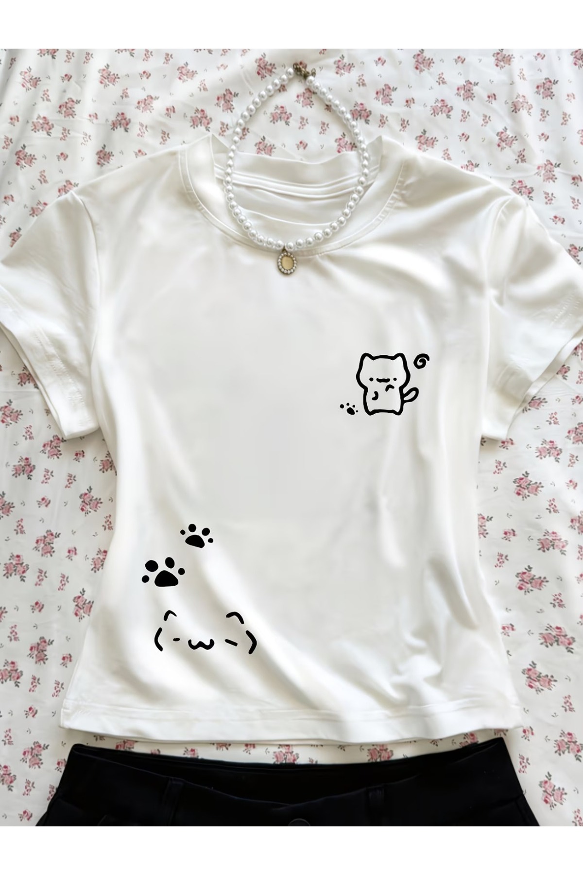 Toum Kemer Boy Cute Cat Baskılı Crop Bluz - Fiyatı, Yorumları