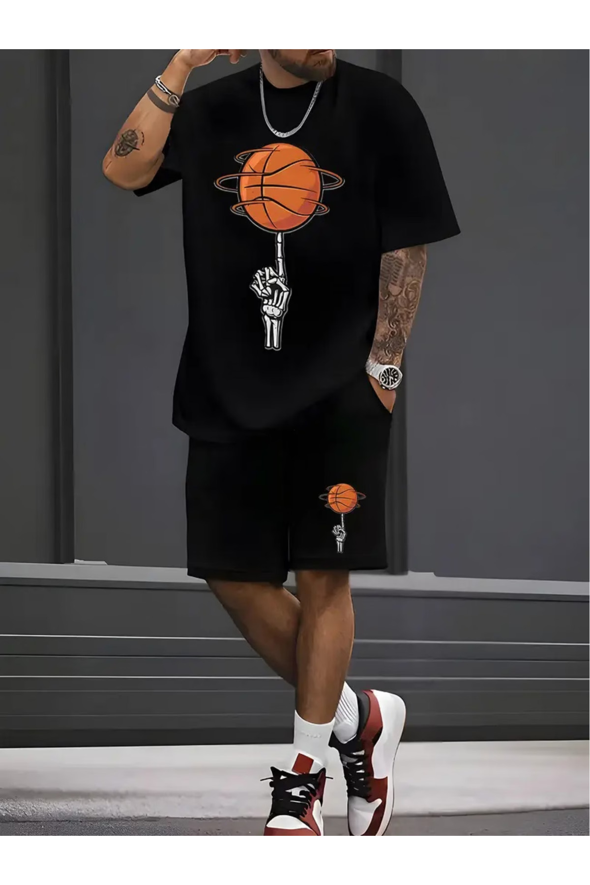 ship master Erkek Oversize Basketbol Topu ve İskelet El Baskılı Tişört ...