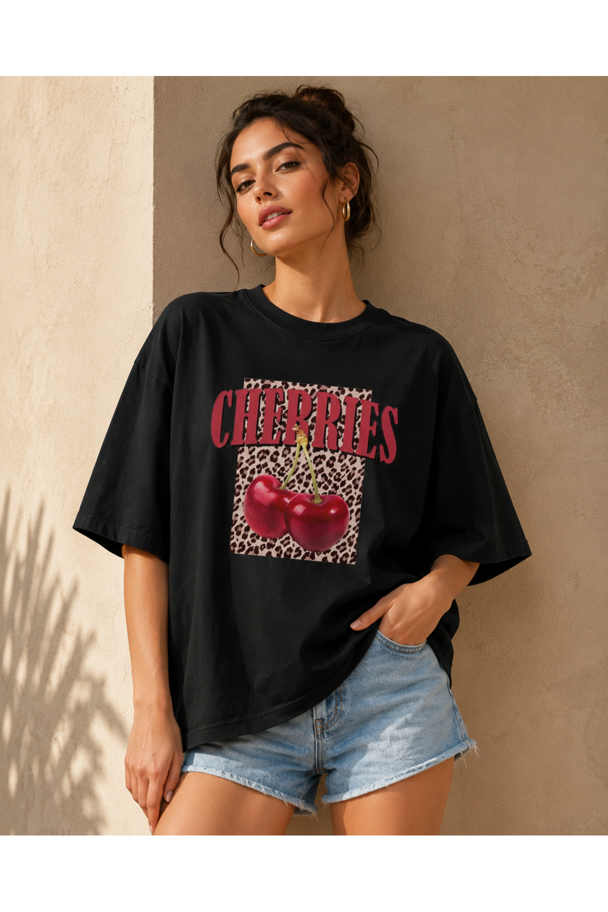fingerjewerly Kadın Cherries Leopar Baskılı Oversize Tişört Unisex %80 ...