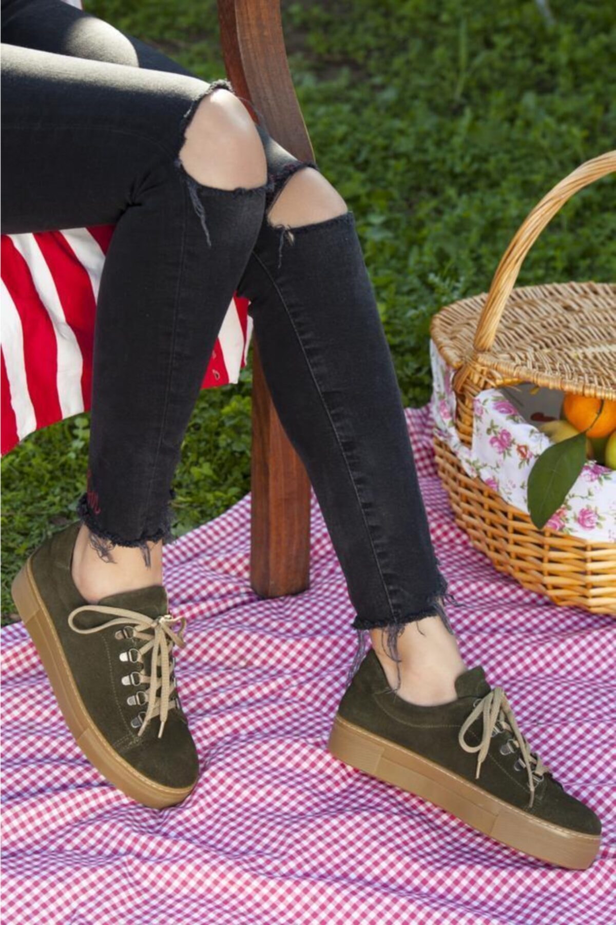 Deripabuc Hakiki Deri HAKİ SÜET Kadın Deri Sneaker