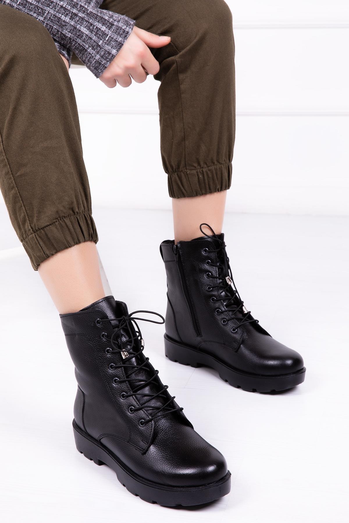Deripabuc Hakiki Deri SİYAH Kadın Deri Bot
