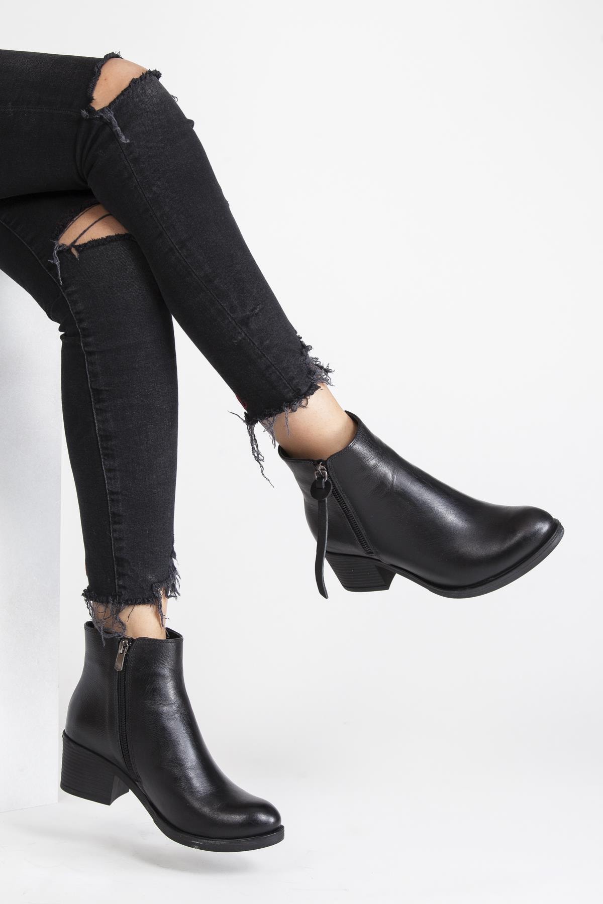 Deripabuc Hakiki Deri SİYAH Kadın Deri Bot