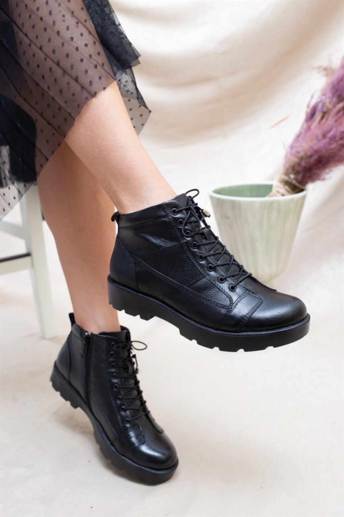 Deripabuc Hakiki Deri SİYAH Kadın Deri Bot