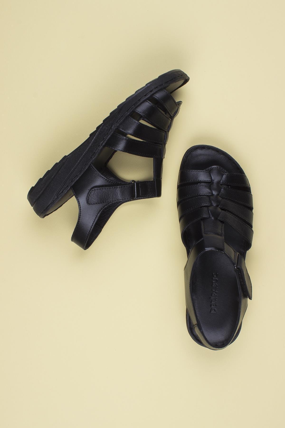 Deripabuc Hakiki Deri SİYAH Kadın Deri Sandalet