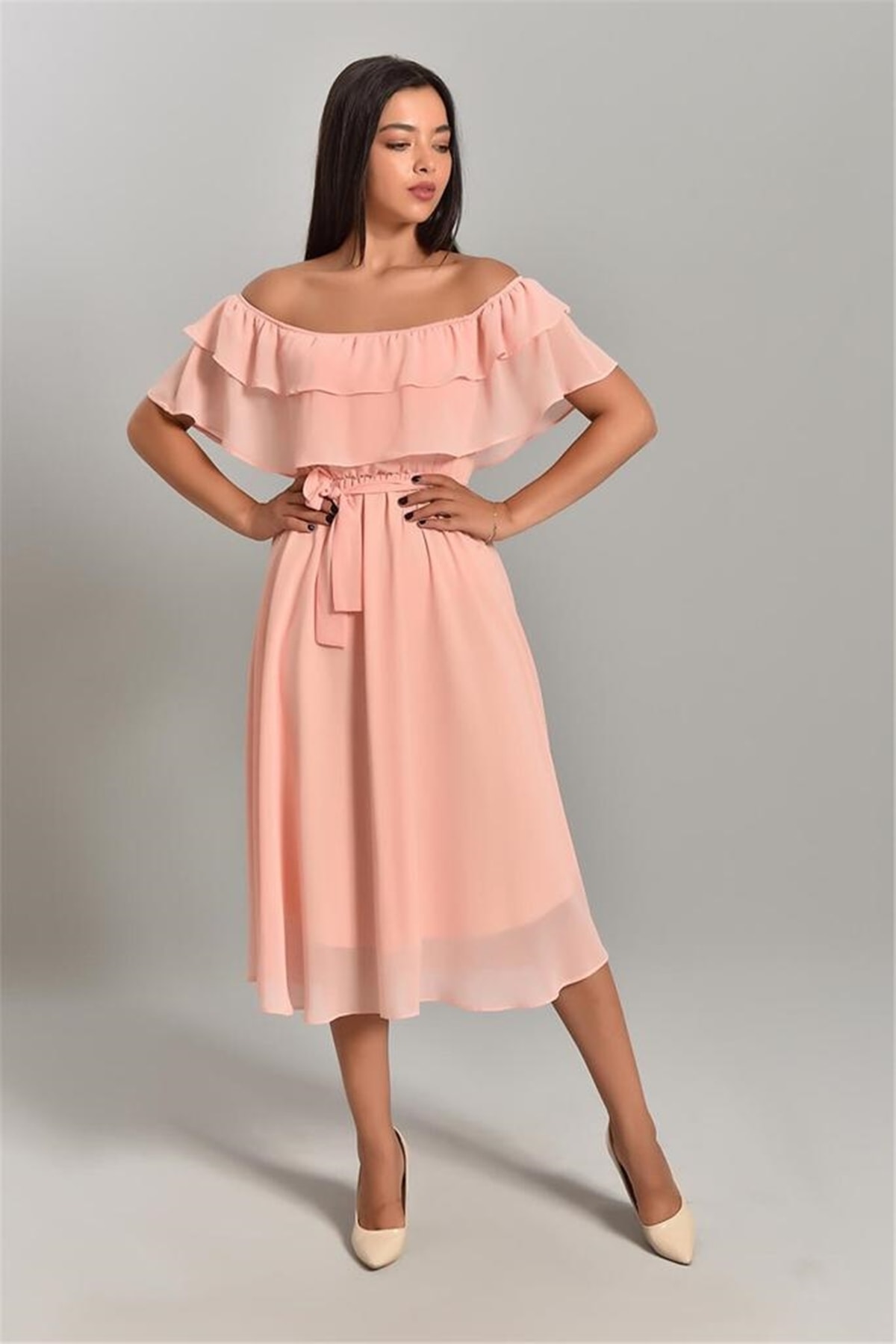 Genel Markalar Kadın Pembe Carmen Yaka Şifon Elbise - Fiyatı, Yorumları