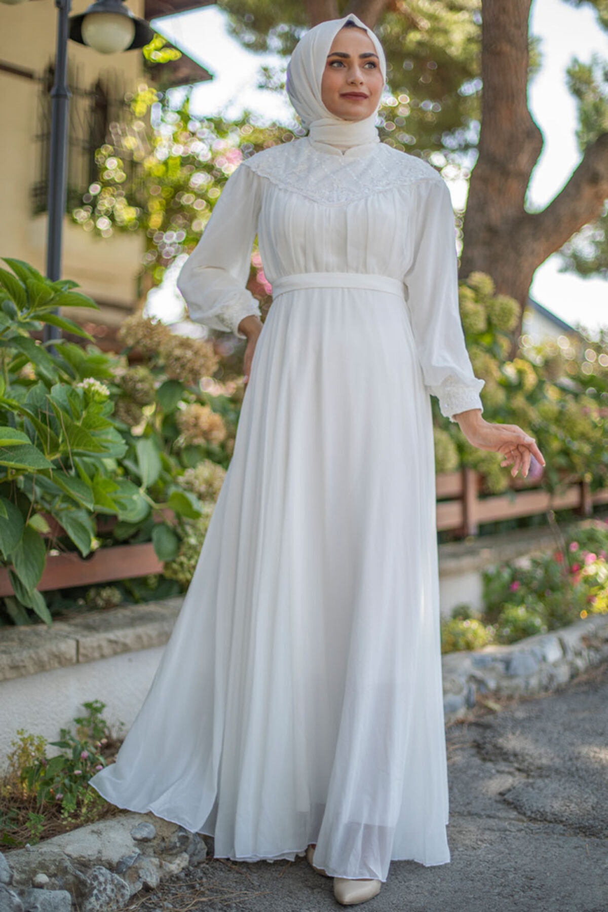 Feiza Collection Yakası Dantelli Tesettür Abiye Elbise Ekru Fiyatı ...