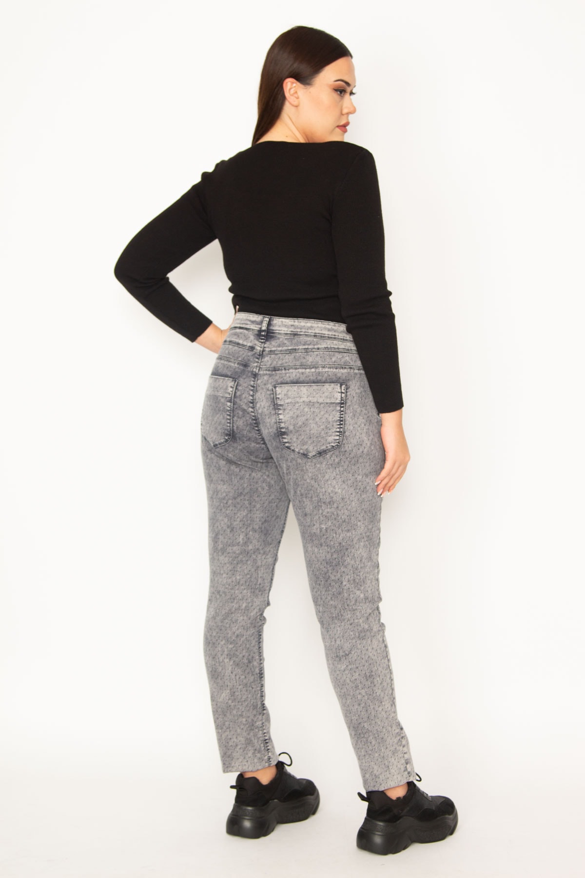 Şans Kadın Büyük Beden Gri Batik Nope Desenli 5 Cep Likralı Kot ...