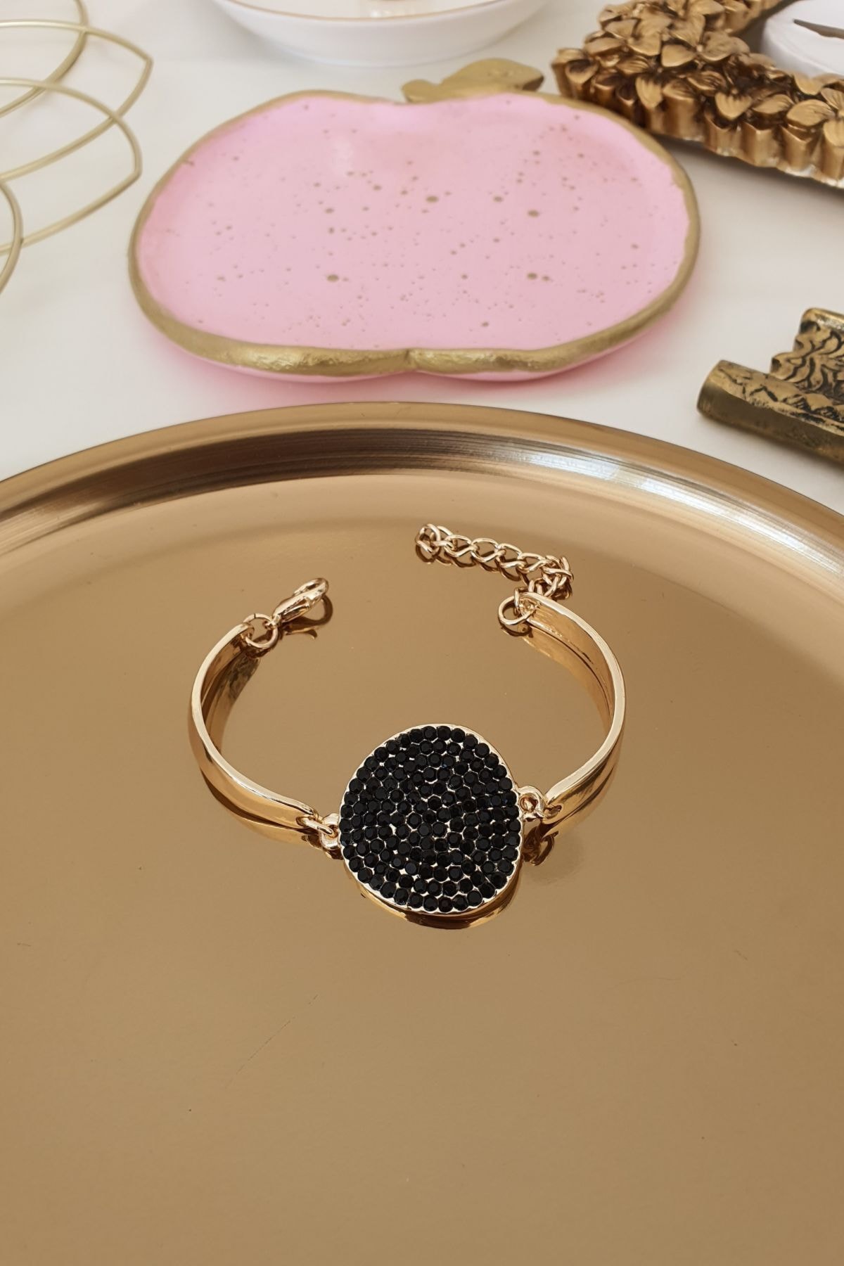 Trendy Butik Siyah Zirkon Taşlı Daire Model Yanları Plaka Model ...