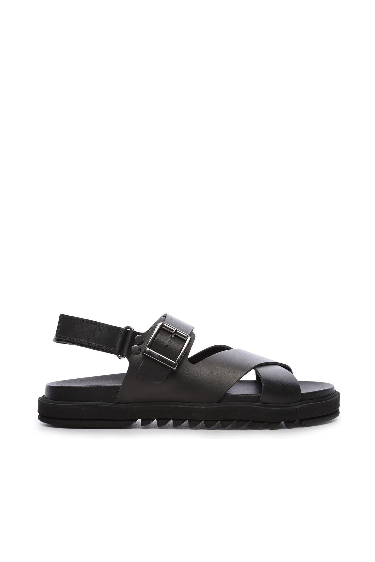 KEMAL TANCA Hakiki Deri Siyah Erkek Sandalet Ayakkabı