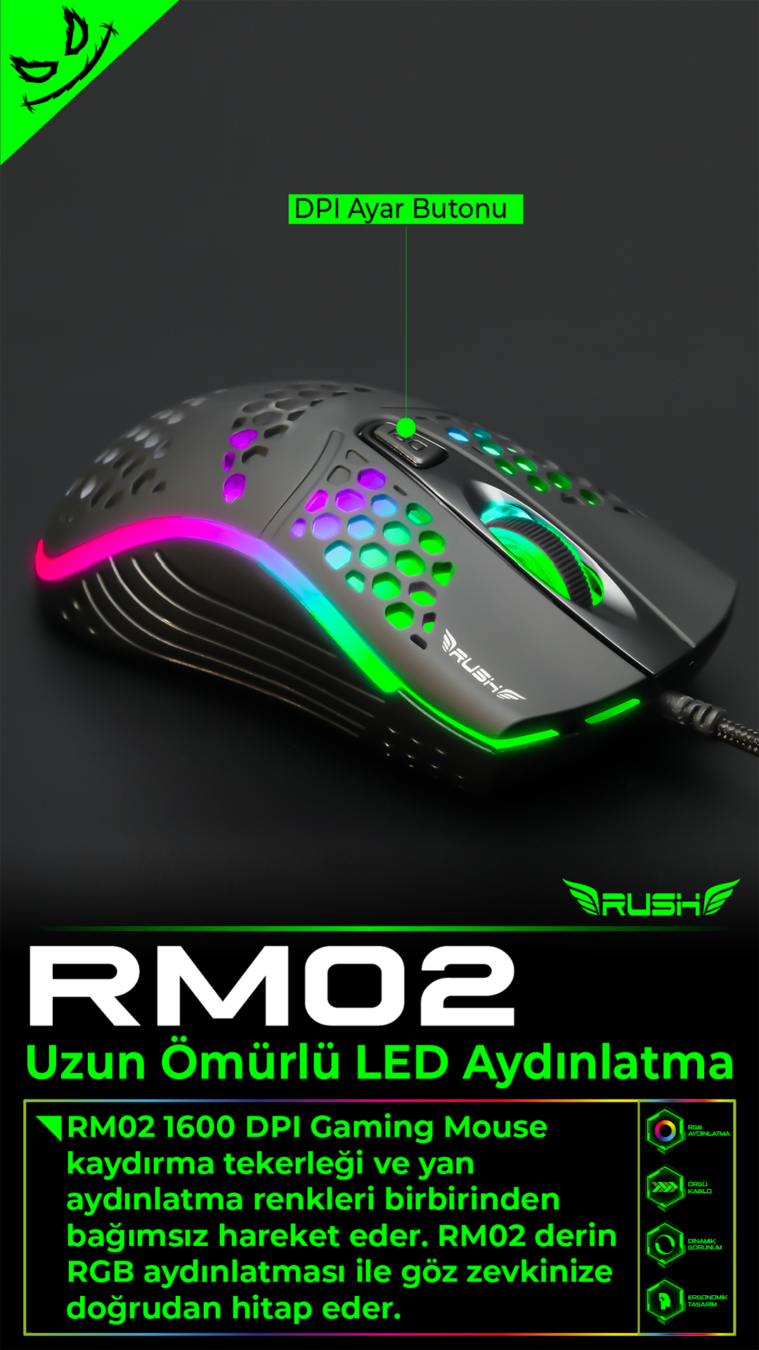 Rush Rm02 Rgb Aydınlatmalı 1600 Dpı Gaming Oyuncu Mouse - Fiyatı, Yorumları