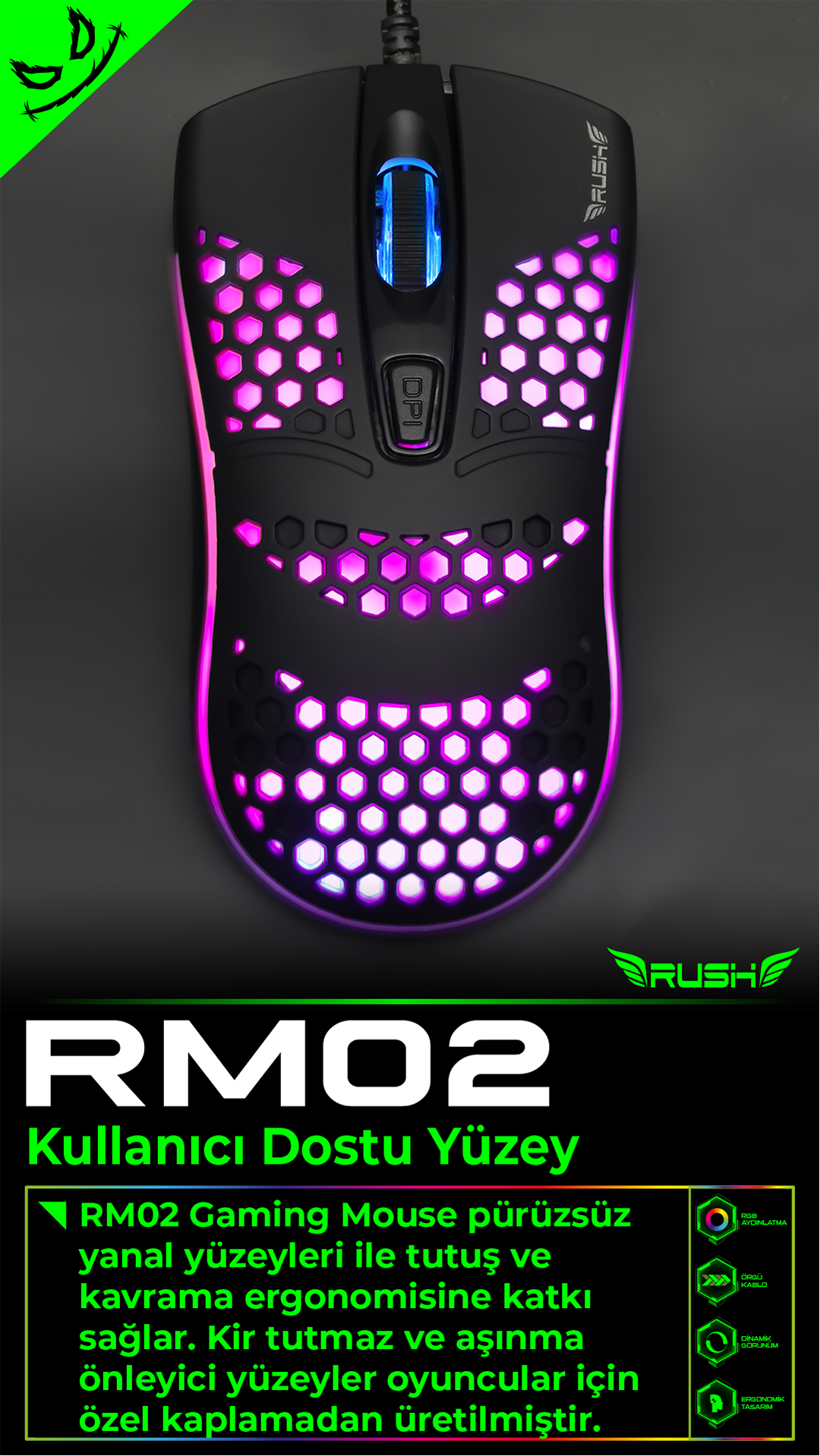 Rush Rm02 Rgb Aydınlatmalı 1600 Dpı Gaming Oyuncu Mouse - Fiyatı, Yorumları