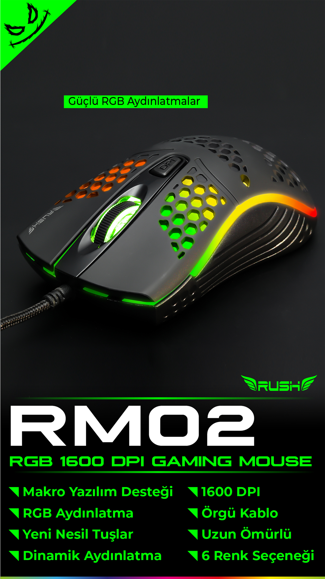Rush Rm02 Rgb Aydınlatmalı 1600 Dpı Gaming Oyuncu Mouse - Fiyatı, Yorumları