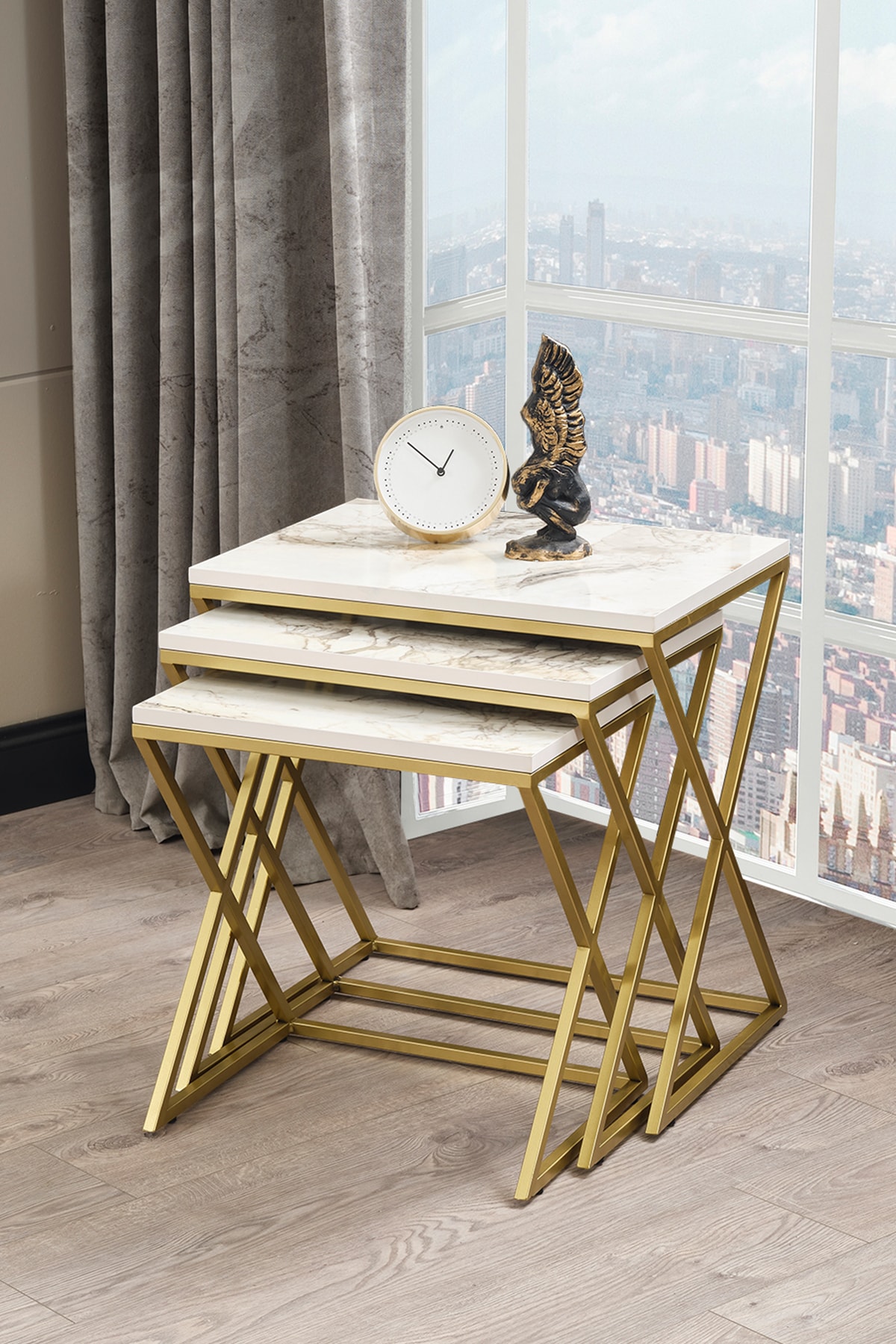 Sawoli Home Royal Gold Metal Ayak Krem Mermer Desen Zigon Sehpa ...