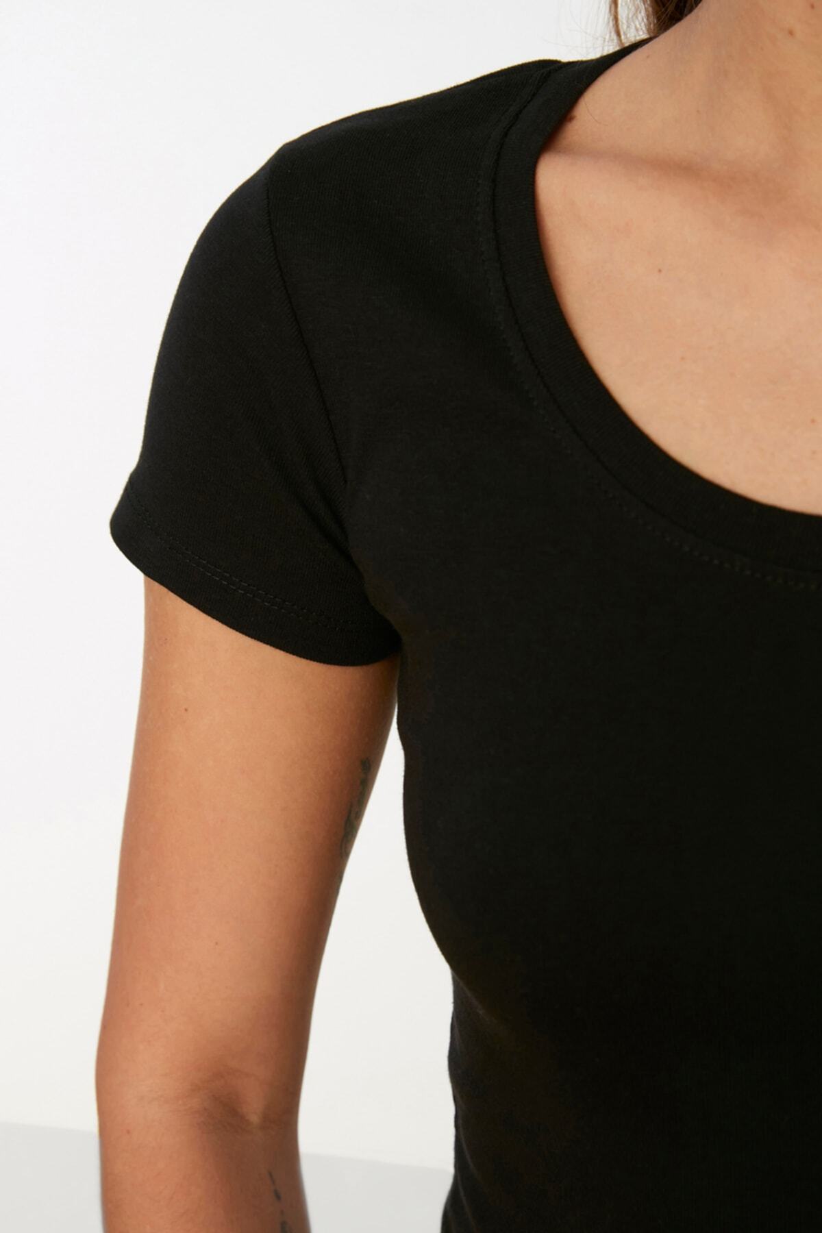 Trendyol Collection Black 100% Cotton Ribbed Pool Neck Basic Knitted T ...