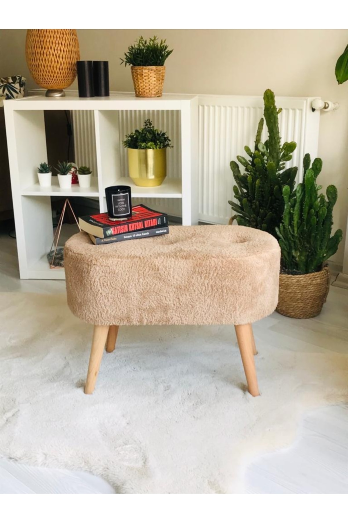 WEBPANYA Gürgen Ahşap Ayak Tedy Kumaş Oval Pufidik Puf Bench Tabure ...