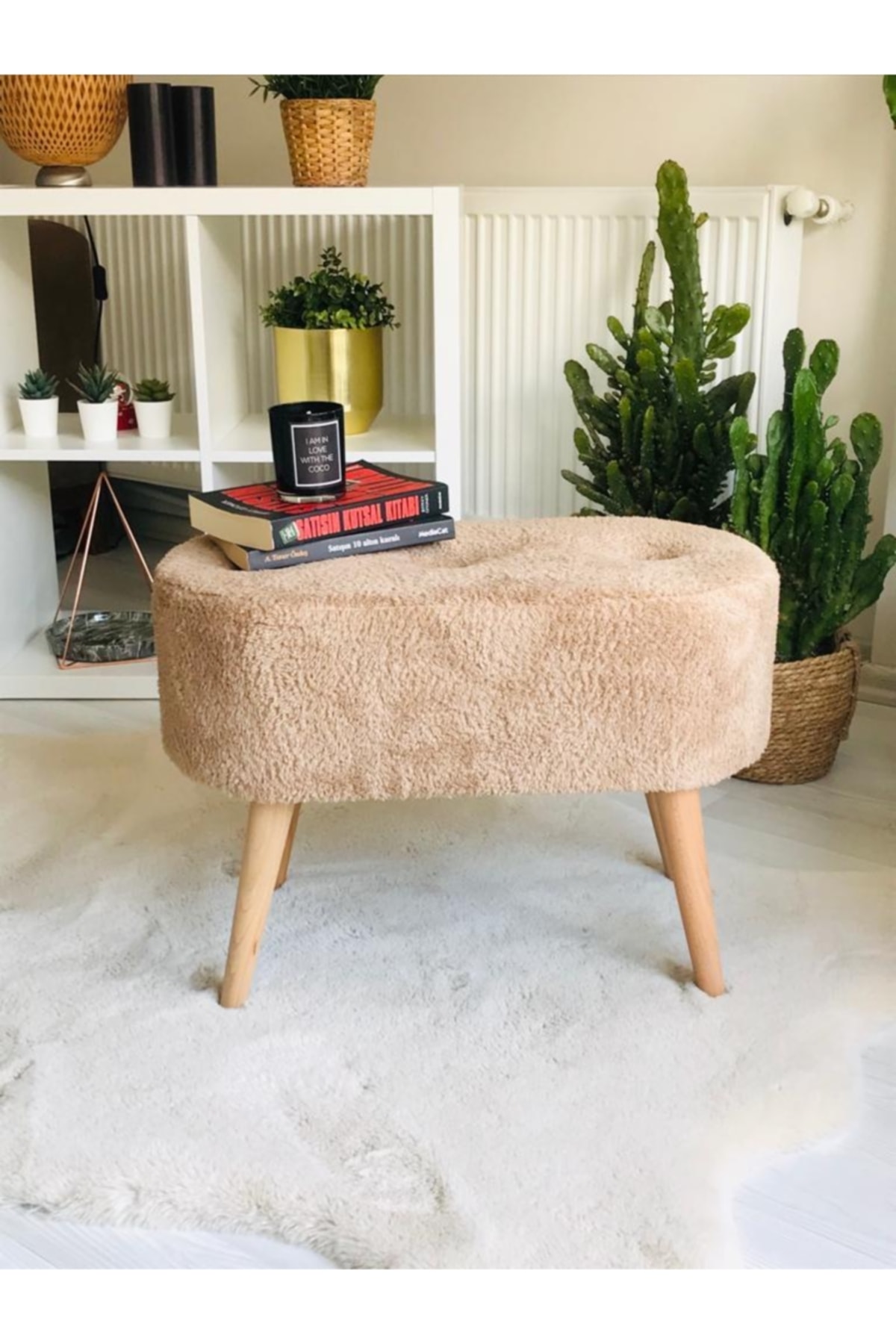 WEBPANYA Gürgen Ahşap Ayak Tedy Kumaş Oval Pufidik Puf Bench Tabure ...