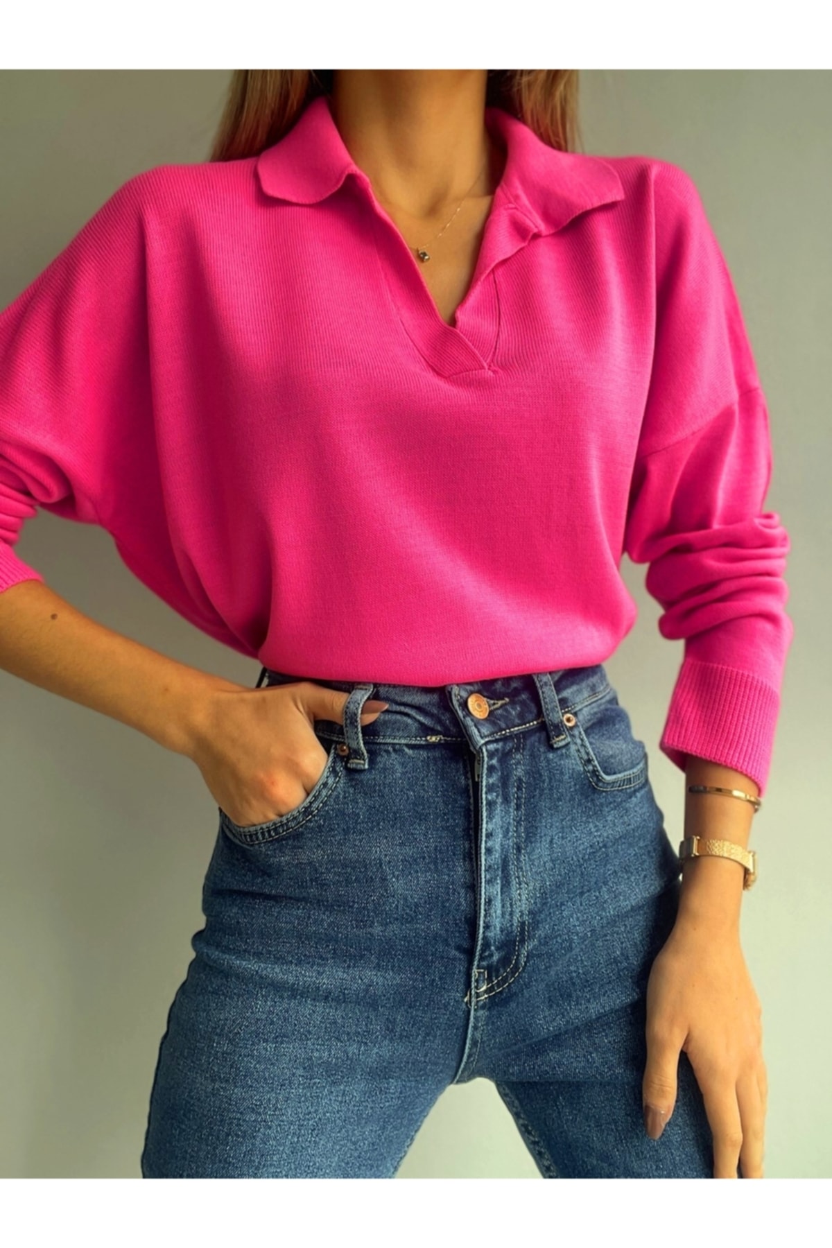 BEŞİR GİYİM Kadın Neon Pembe Polo Yaka Basıc Kazak Fiyatı, Yorumları ...