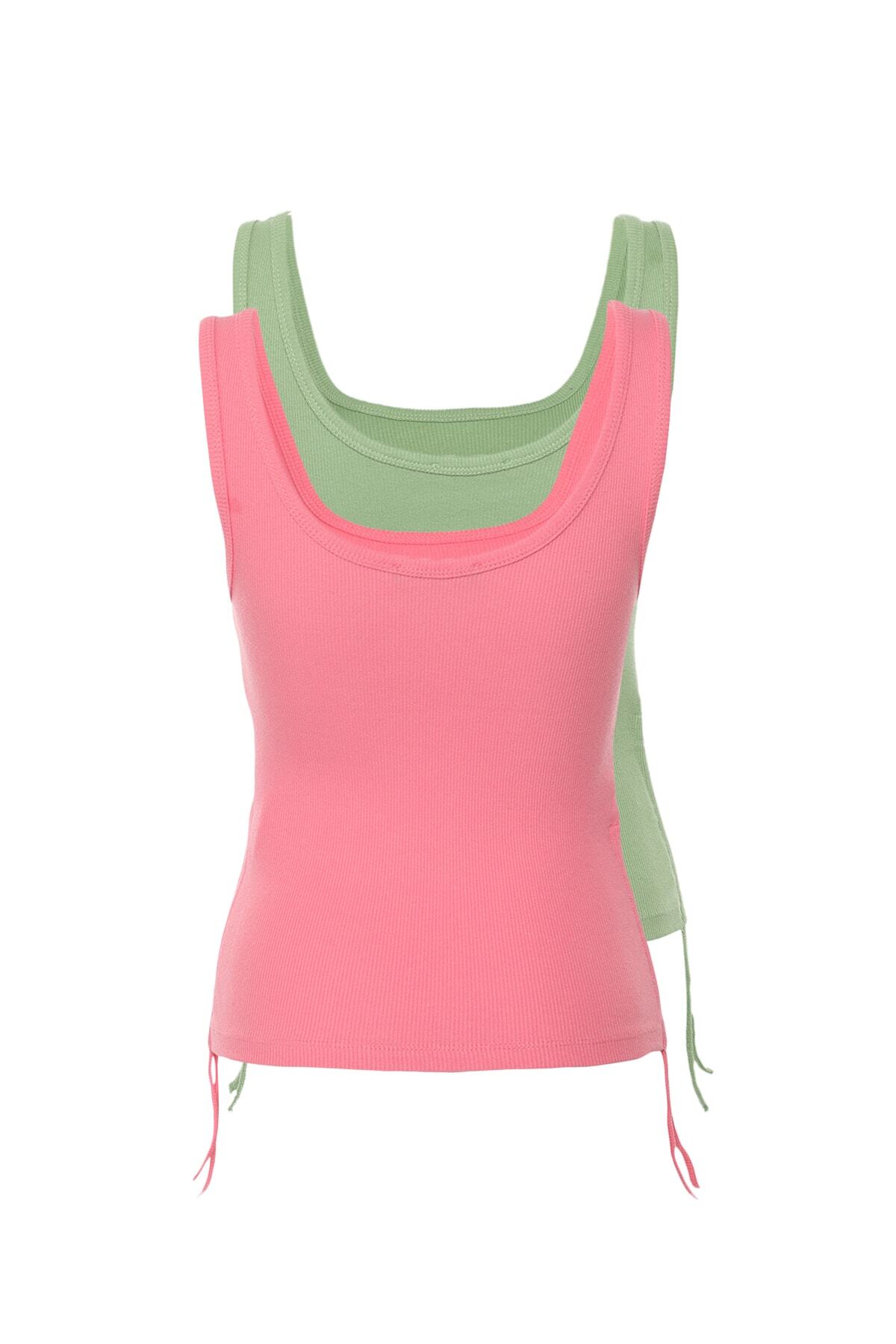 Trendyol Collection Pink-Mint 2 Pack Gather Detailed Pool Neck Ribbed ...