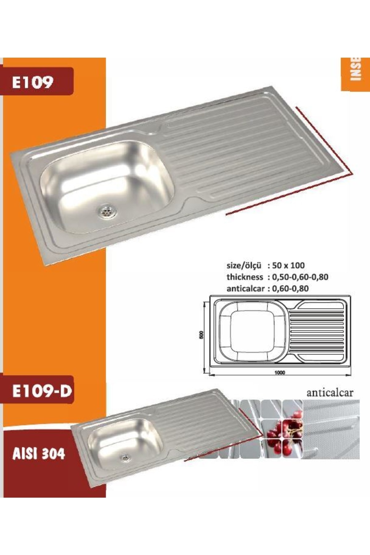 Ekosan 50 X 100, Ankastre, Paslanmaz Evye U50100 - Fiyatı, Yorumları