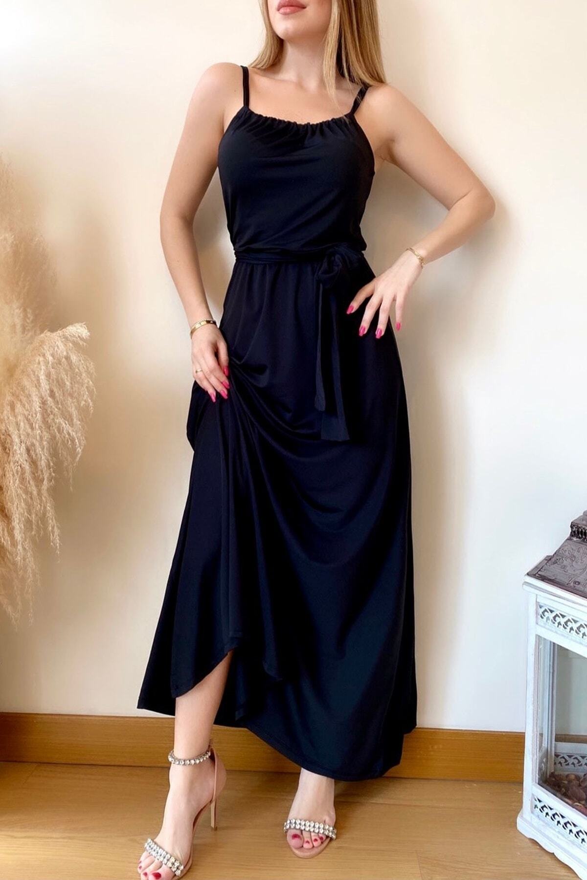 lovebox Kadın Esnek Mikro Kumaş Siyah Kare Yaka Askılı Belden Bağlama Detaylı Maxi Abiye Elbise ...