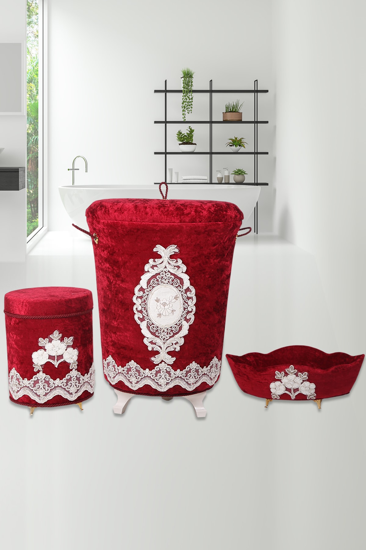 Bonny Home Lisa Bordo 3lü Kadife Banyo Kirli Çamaşır Sepeti Seti Fiyatı ...