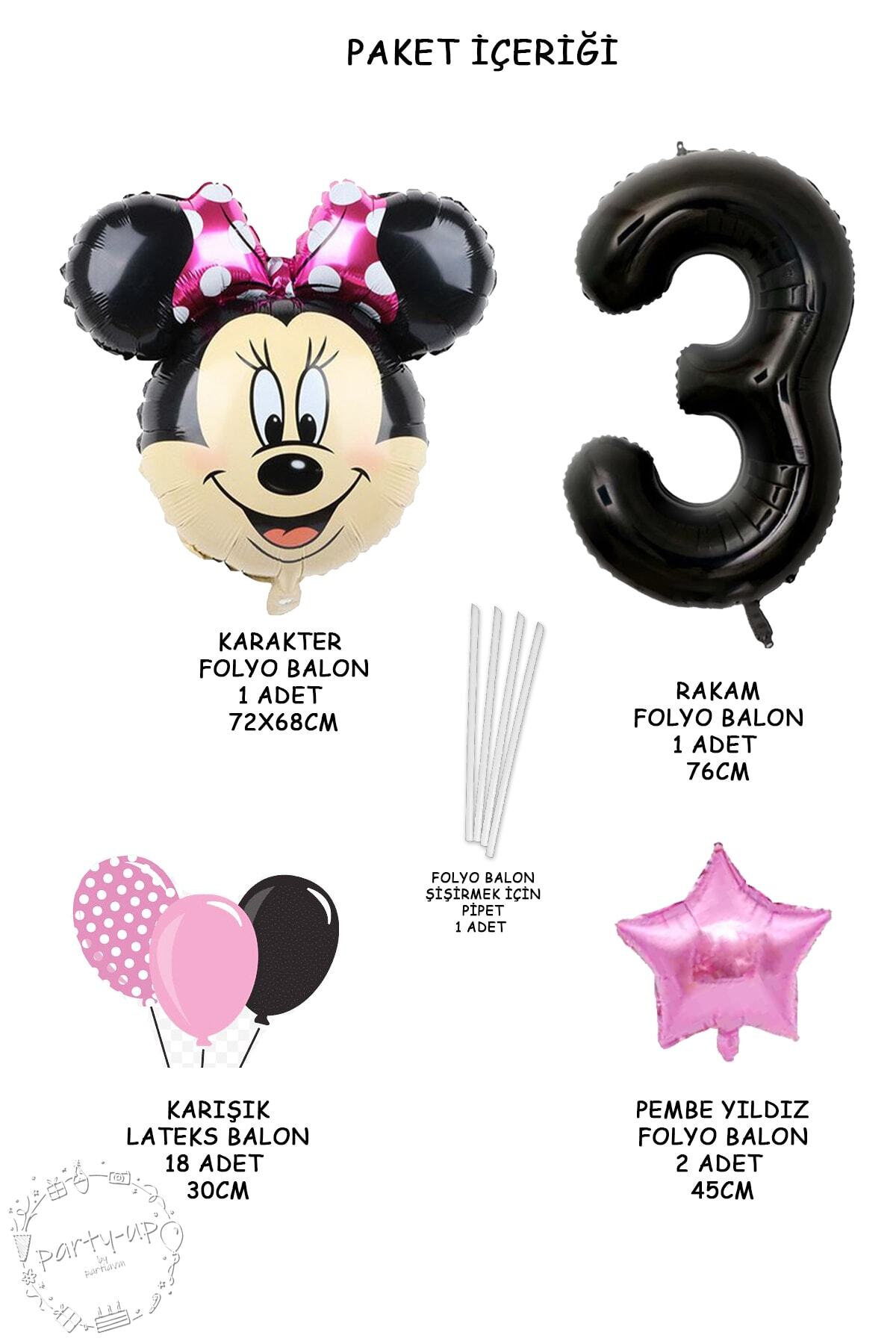 PARTİAVM Siyah Rakam Balonlu Mini Fare Balon Set Minnie Mouse Balon Set ...