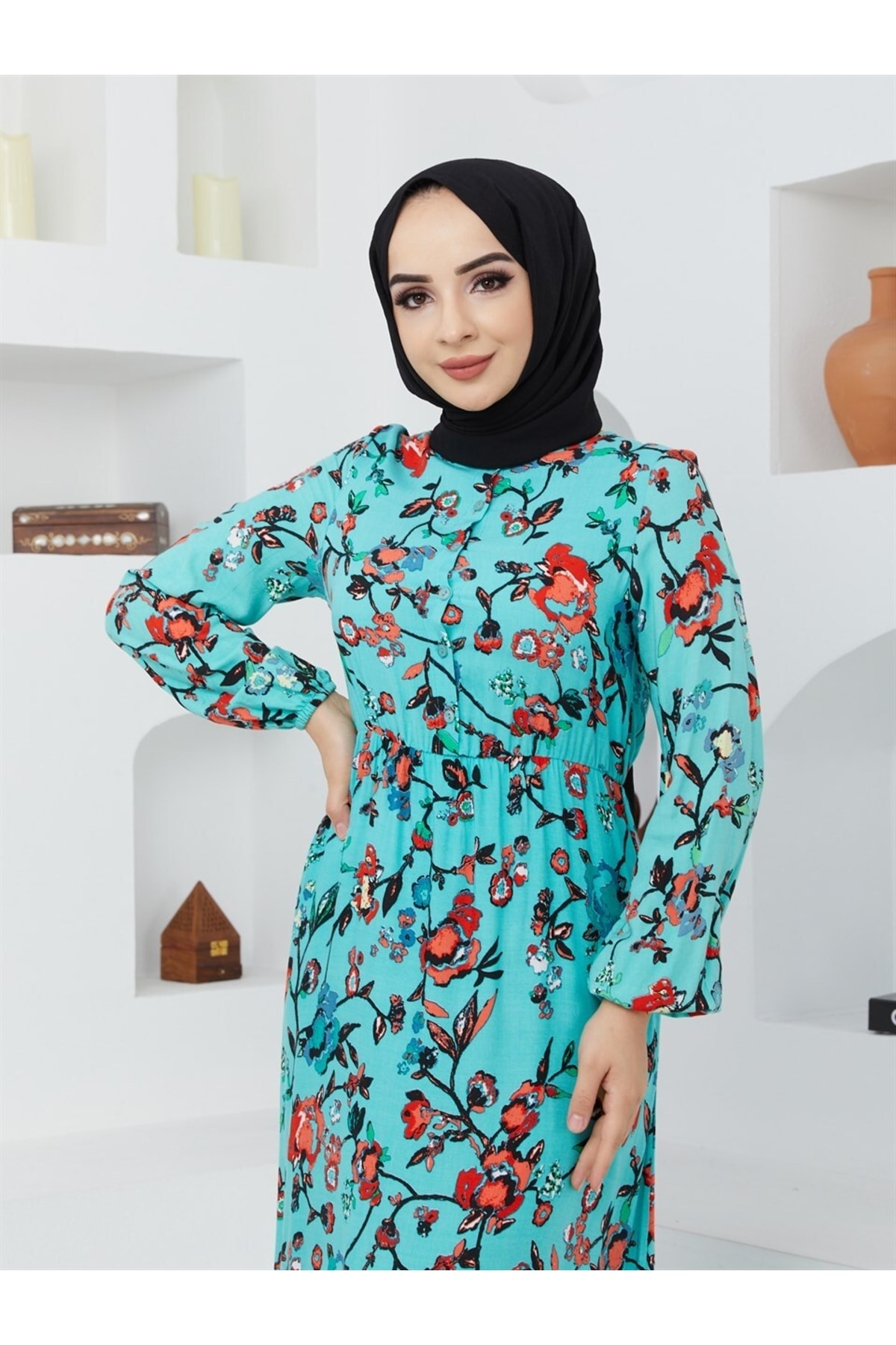 moda periy Kadın Modest Basic Pamuklu Viskon Yazlık Düğmeli Çiçek ...