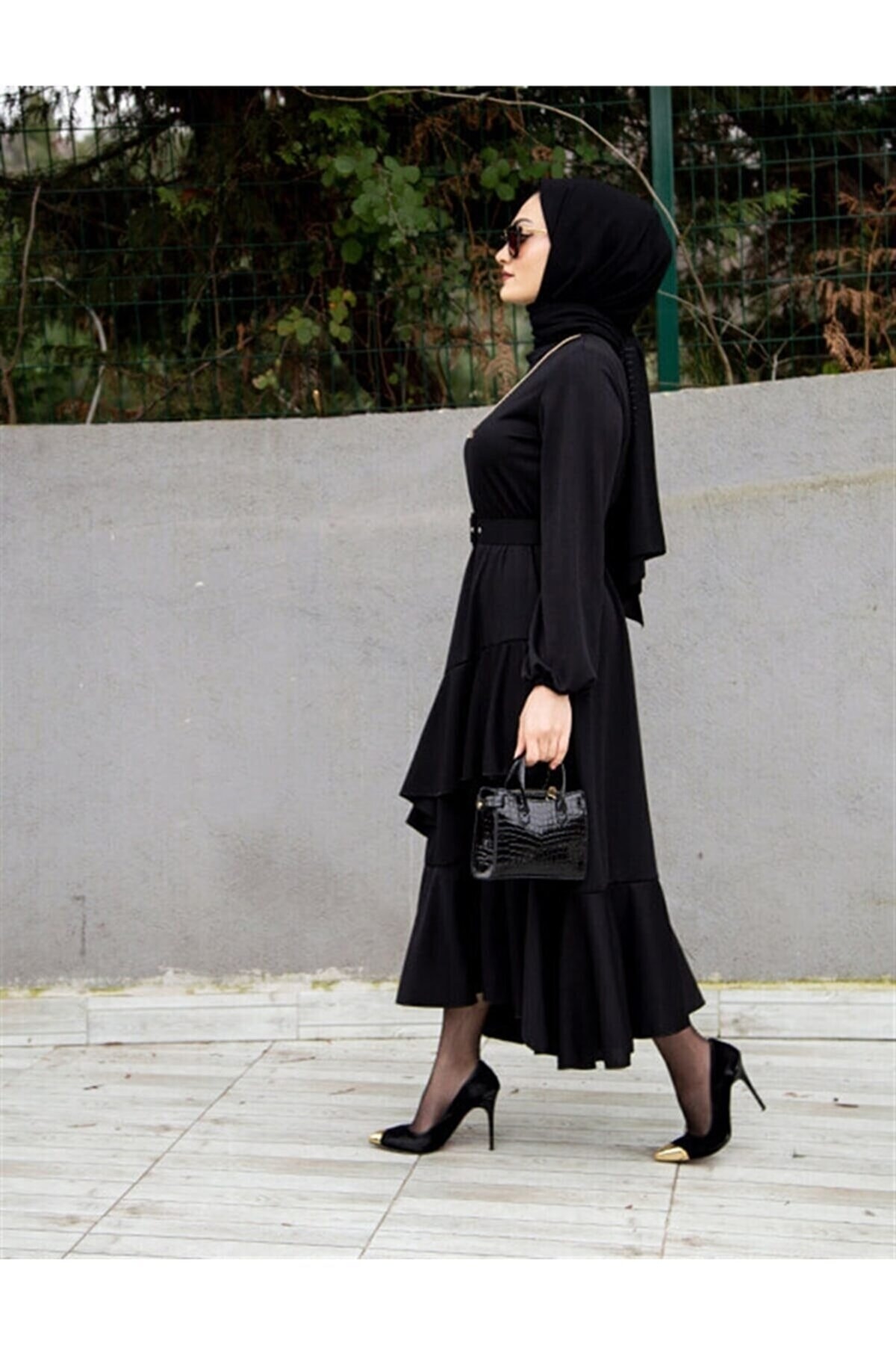 VOLT CLOTHİNG Flounce Layered Belt Long Special Occasion Dress-black ...