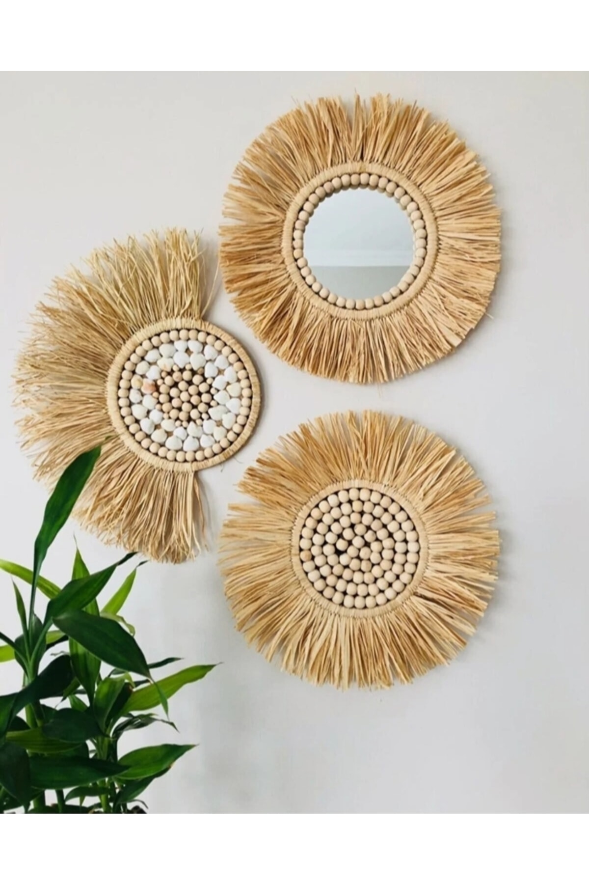 Genel Markalar Rafya 3 Lü Ayna Seti Yelpaze Duvar Süsü Boncuk Ayna ...