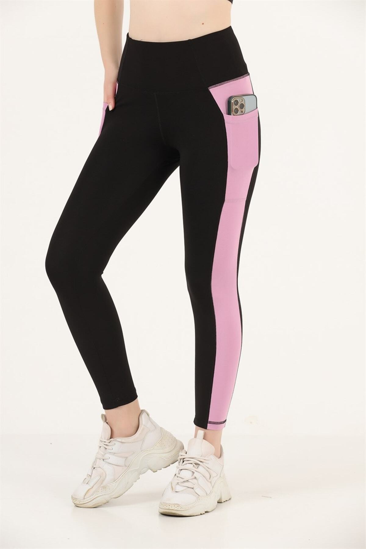 missmaral Kadın Tayt Siyah Lila Yan Şerit Detaylı Toparlayıcı Yüksek ...