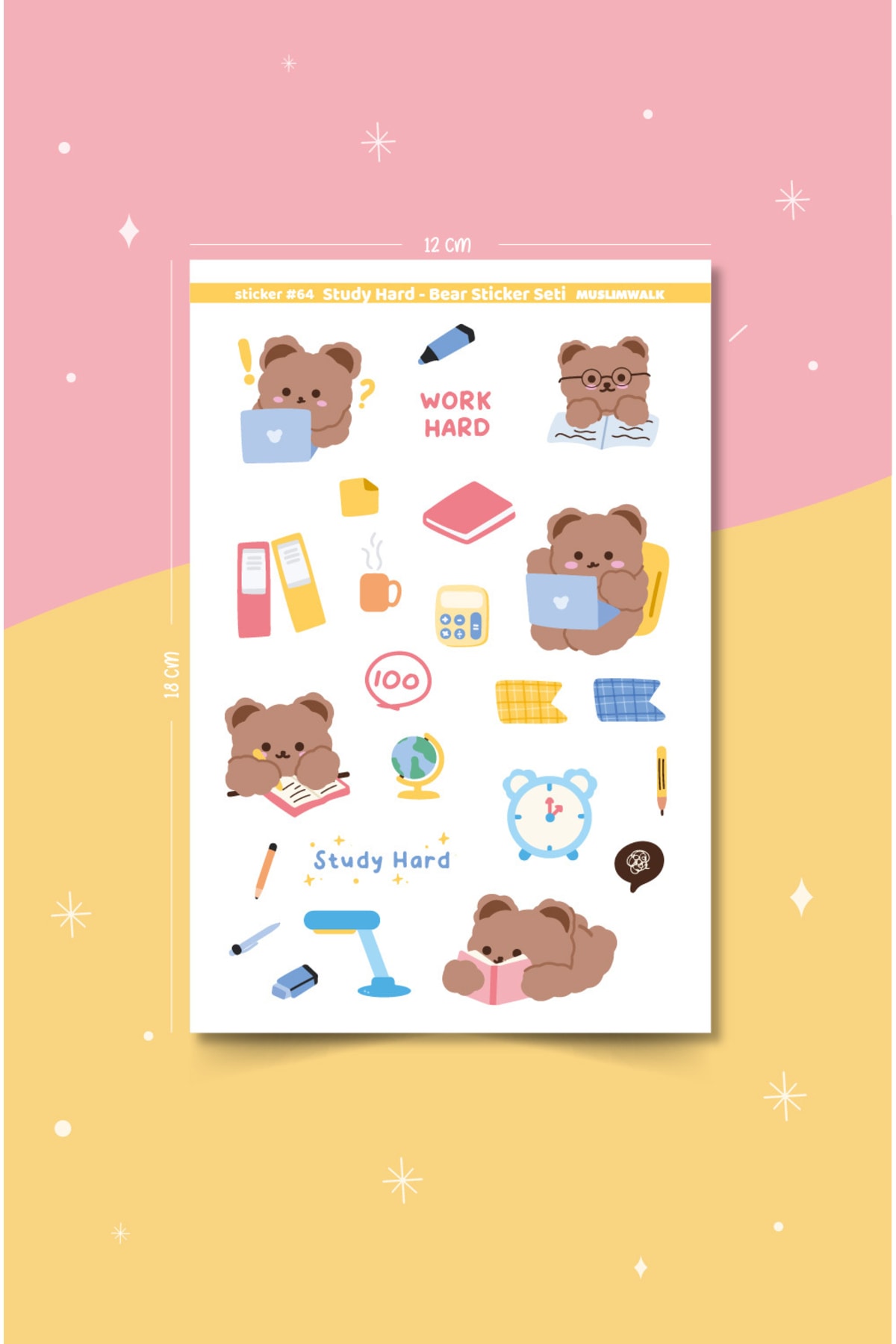 MuslimWalk Study Hard - Bear Sticker Seti – Laptop Telefon Planlayıcı ...