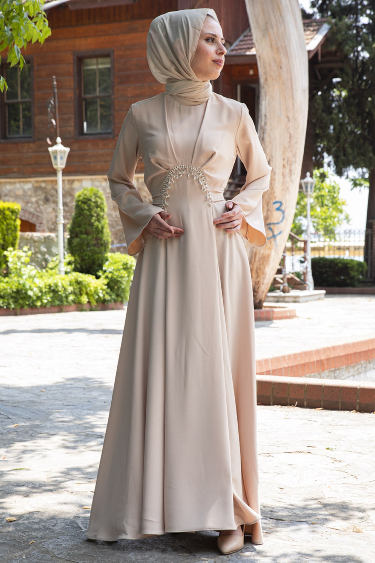 Feiza Collection Taş Detaylı Tesettür Abiye Elbise - Bej Fiyatı ...