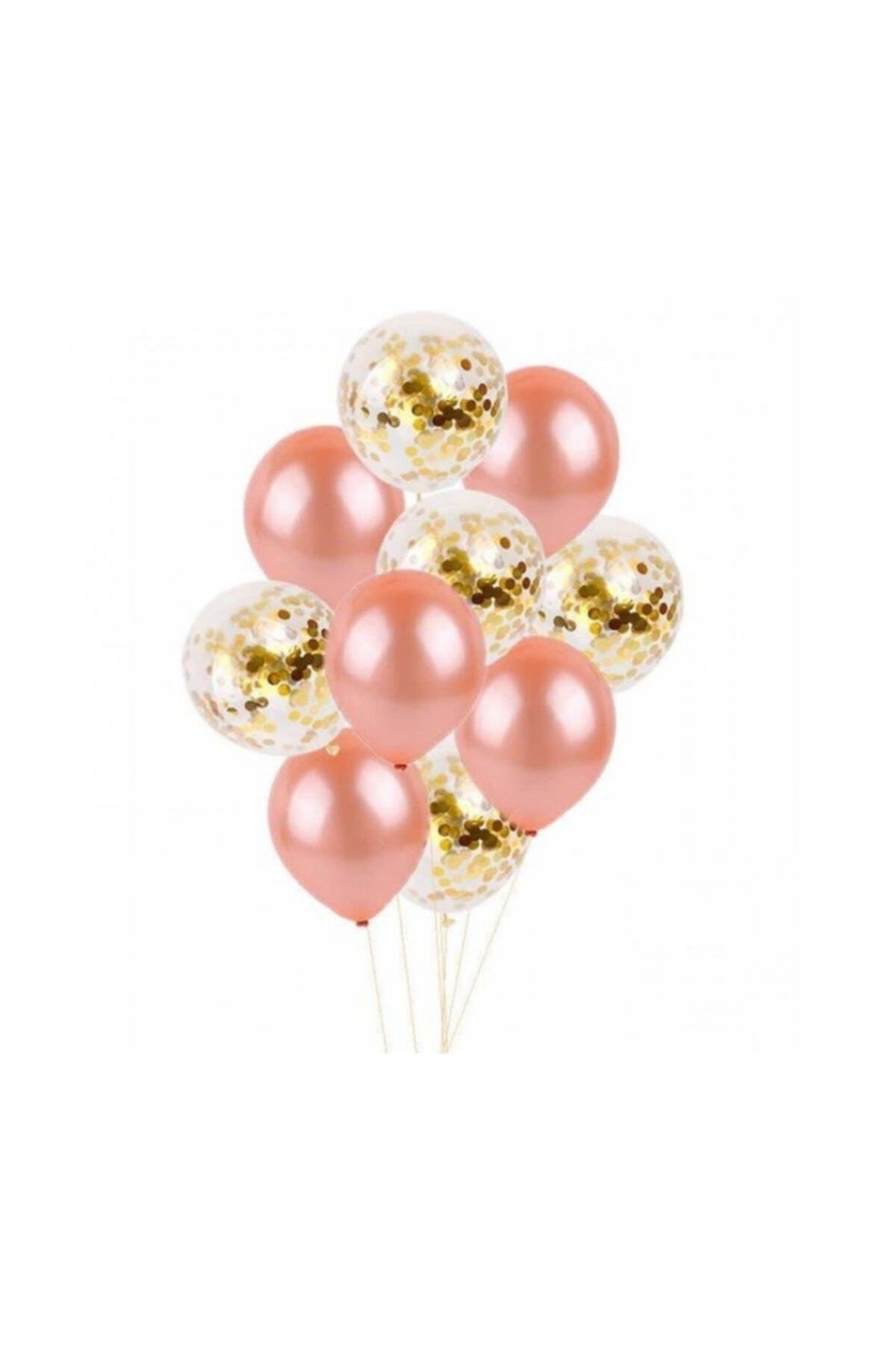 kidspartim 10 Piece Rose Gold Balloon Set with Gold Confetti- Trendyol