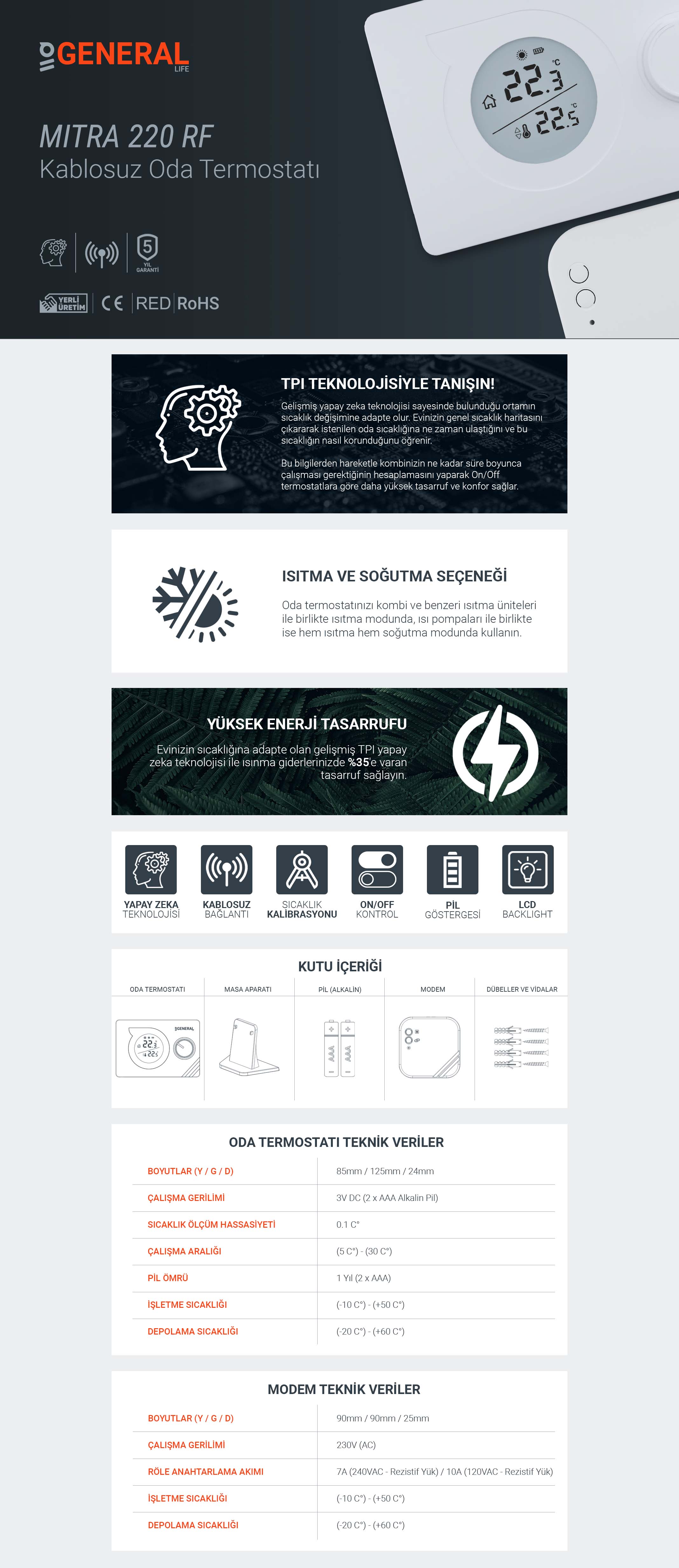 GENERAL Life Mitra 220 Rf Kablosuz Dijital Oda Termostatı(YAPAY ZEKA TEKNOLOJİSİ) - Fiyatı ...