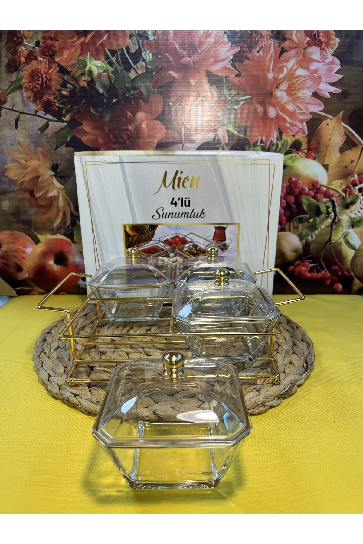 MİEN Faya Home 4 Lü Cam Akrilik Kapaklı Altın Yaldızlı Kaseli Kahvaltılık Seti Gold Metal ...