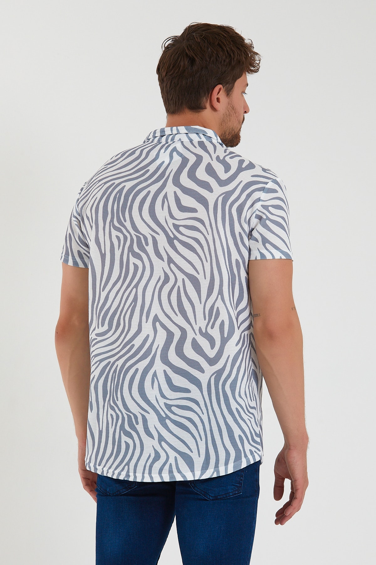 ADEGO Erkek Gri Kısa Kollu Pamuklu Zebra Desenli Slim Fit Apaş Yaka Gömlek Fiyatı, Yorumları ...